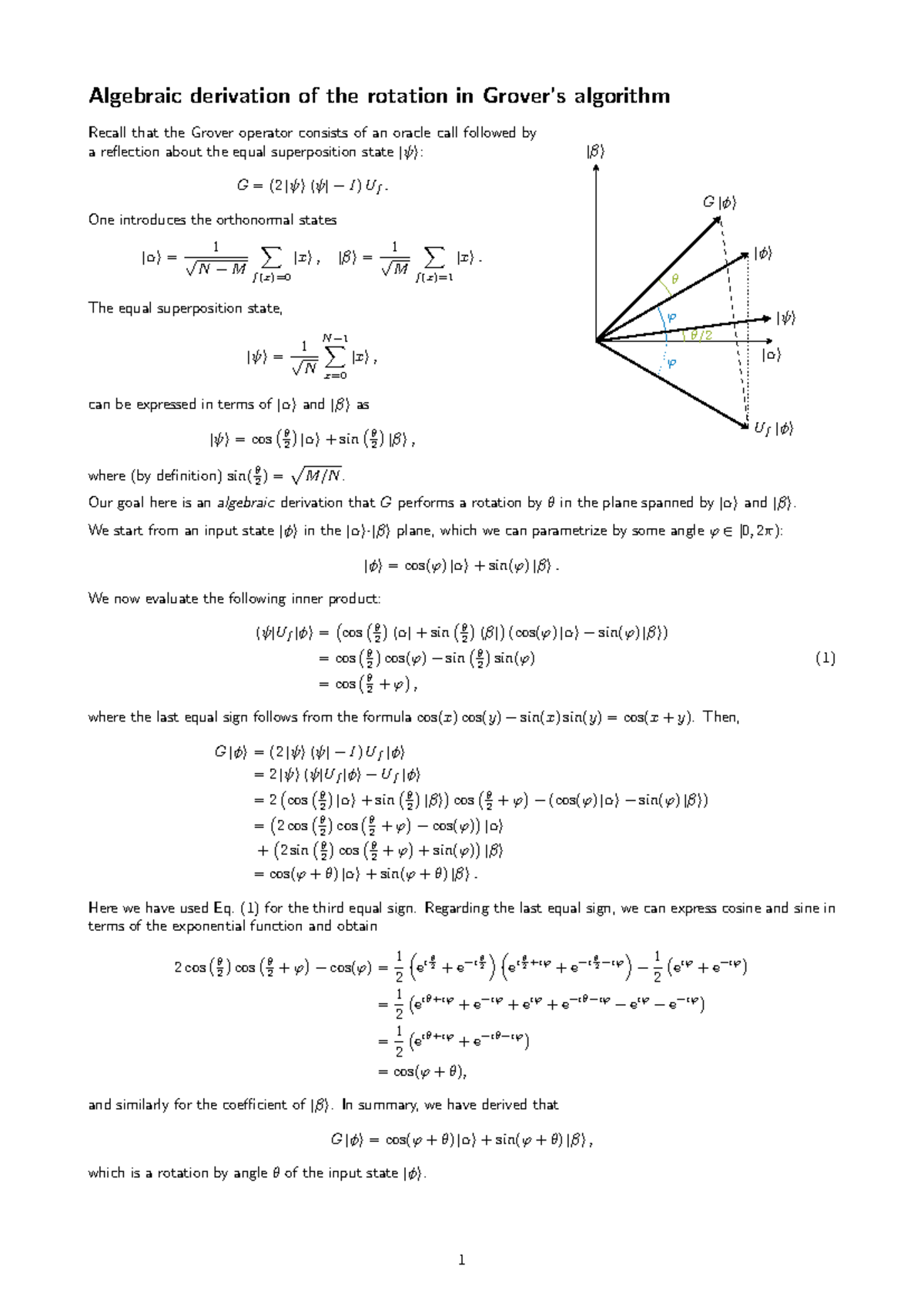 Grover algebraic derivation - Algebraic derivation of the rotation in Grover’s algorithm Recall ...