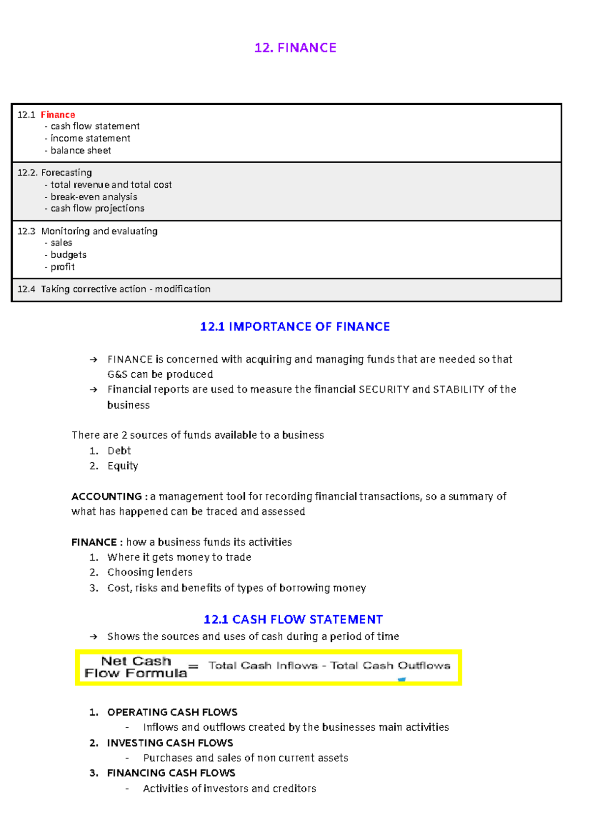 12. Finance - summary notes - with syllabus - 12 Finance - cash flow ...