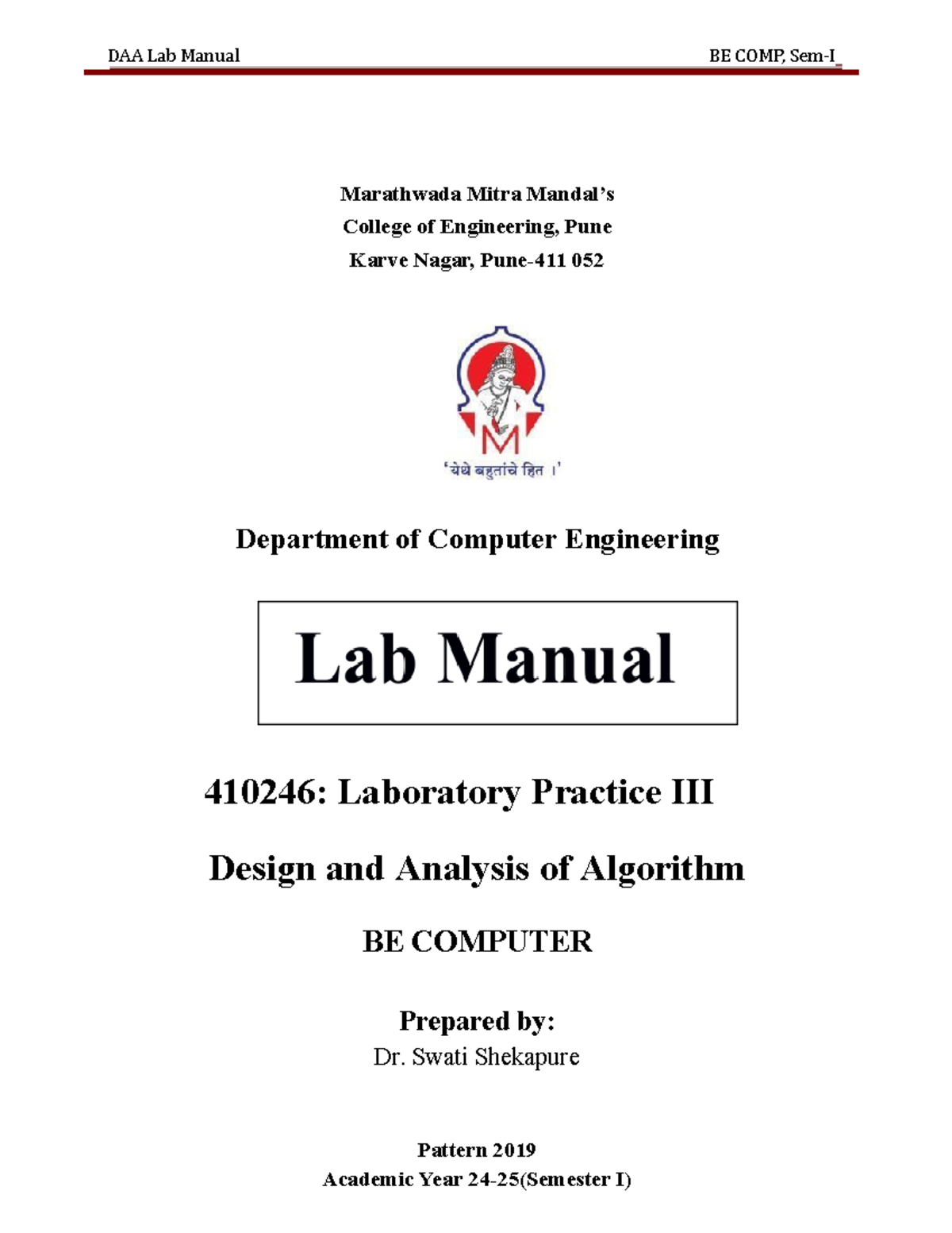 Lab manual daa - Marathwada Mitra Mandal’s College of Engineering, Pune ...