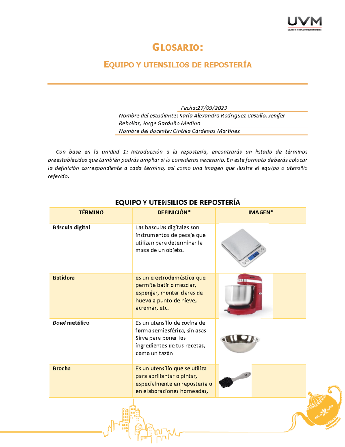Proyecto reposteria - GLOSARIO: EQUIPO Y UTENSILIOS DE REPOSTERÕA Fecha ...