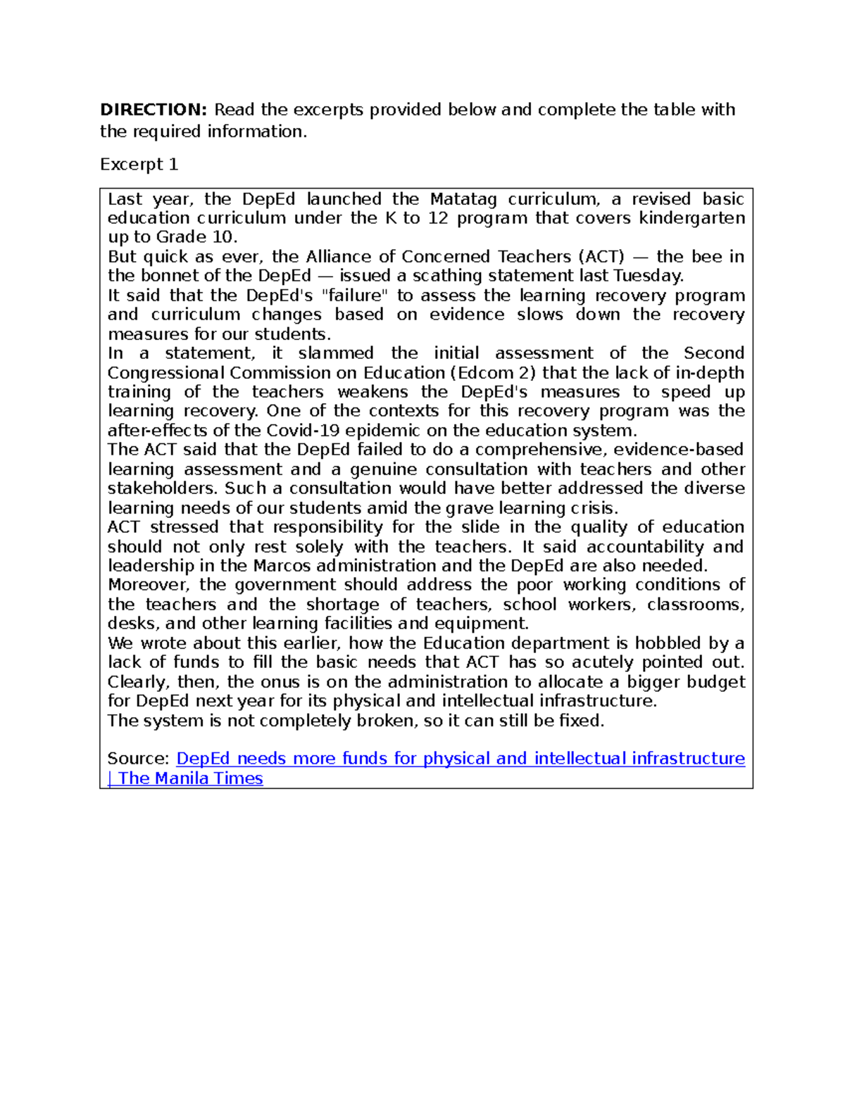 Primary and Secondary Source Activity - DIRECTION: Read the excerpts ...