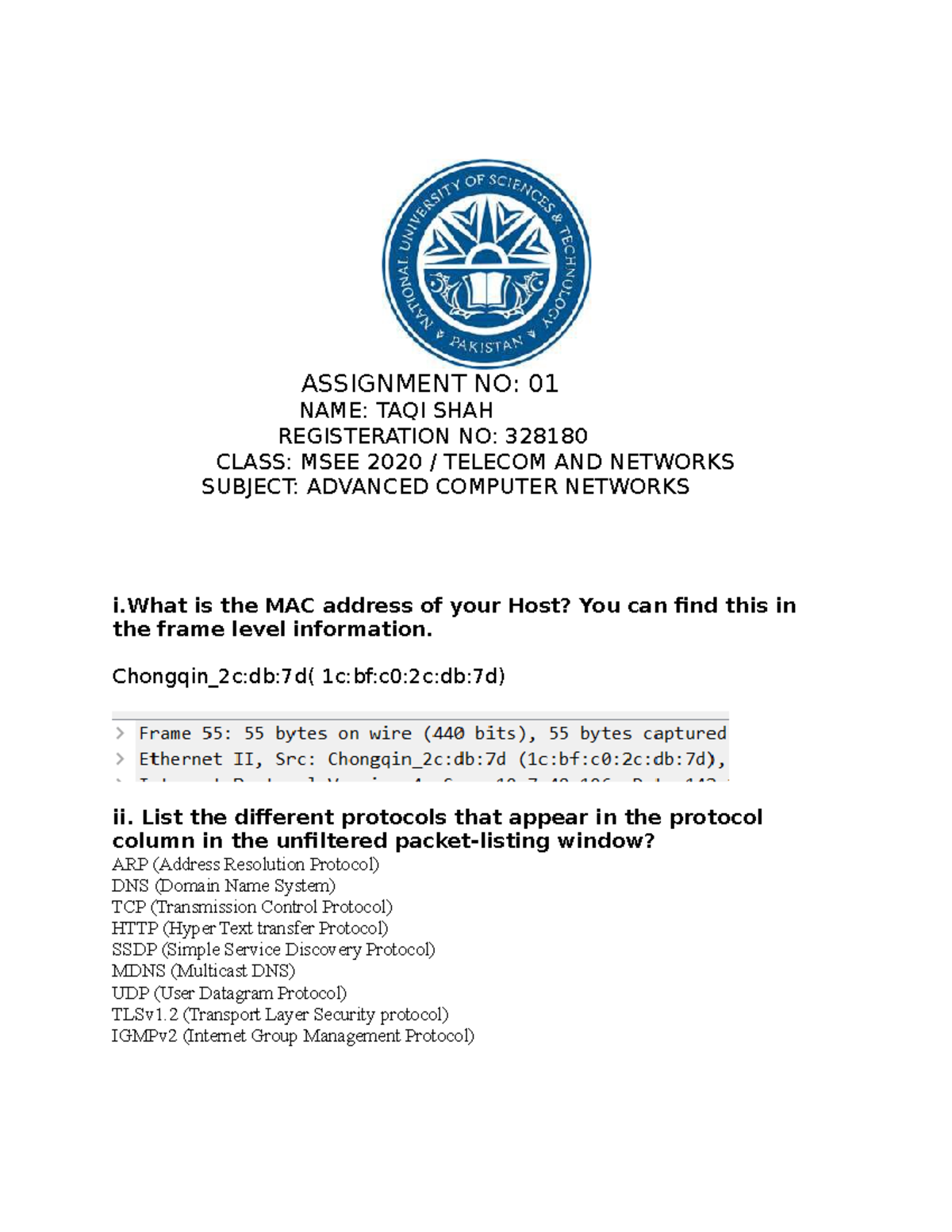 Assignment acn nkcdk - Advance Computer Networks - NUST - Studocu