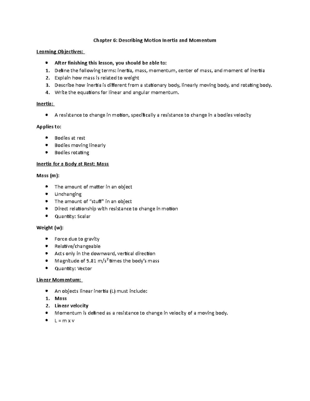 Chapter 6 Describing Motion Inertia and Momentum - Chapter 6 ...
