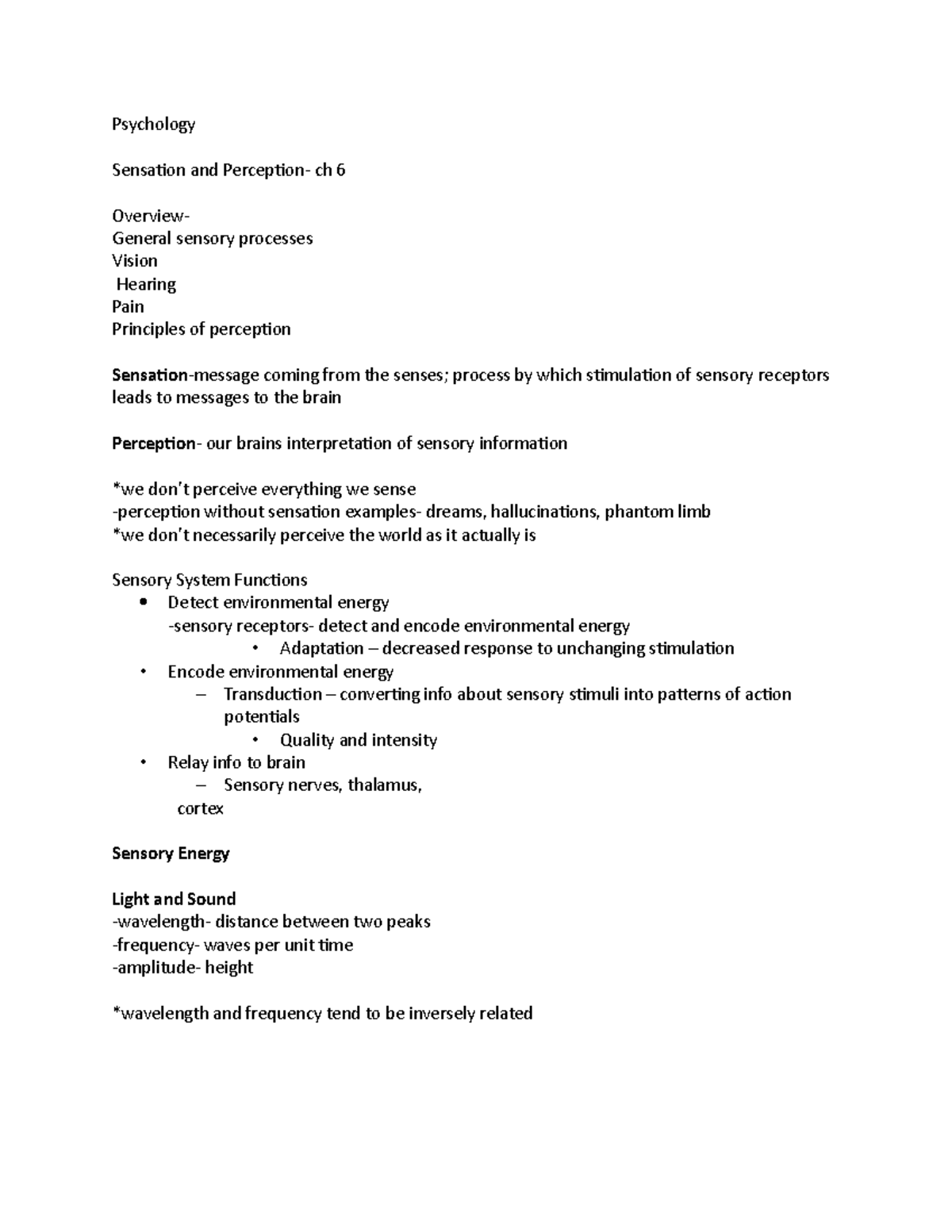 Ch 6 - Ch 6 - Psychology Sensation and Perception- ch 6 Overview ...