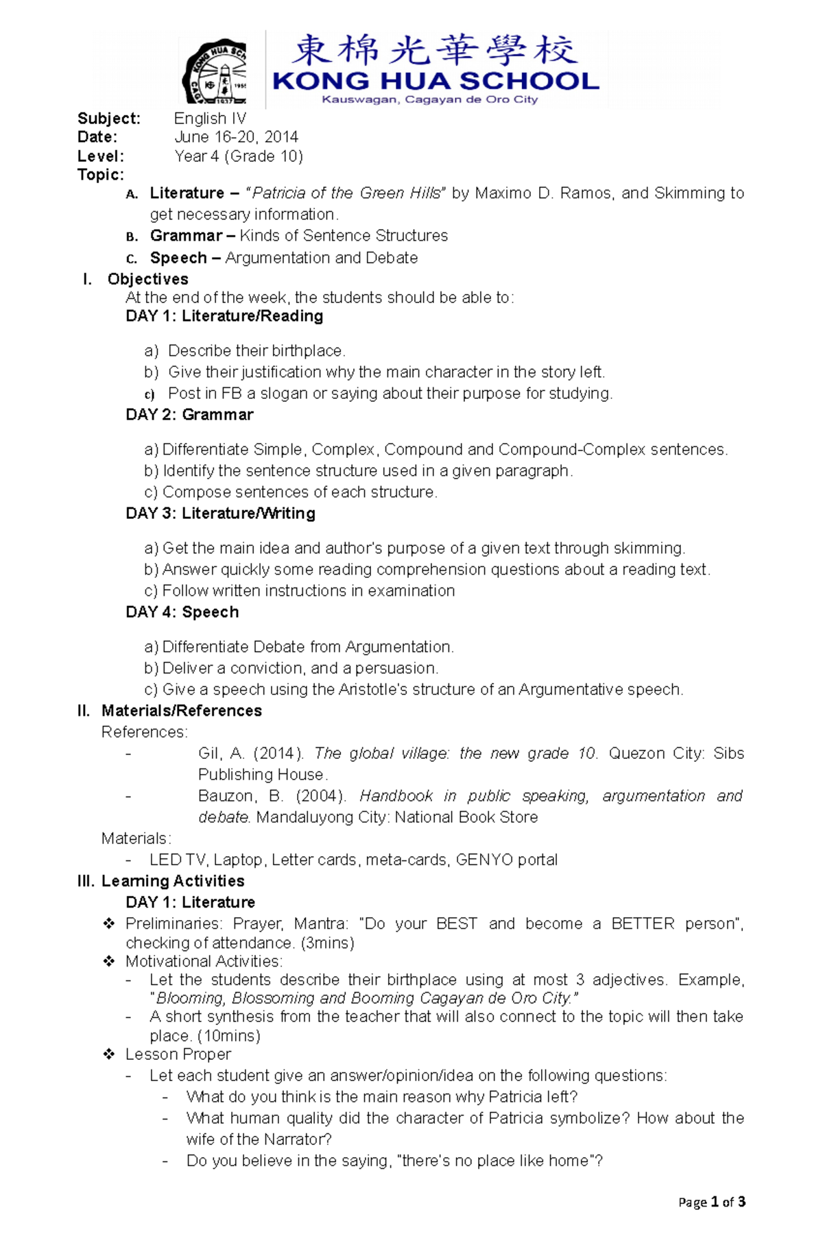 Year 4 Lesson Plan (1st Week) - Subject: English IV Date: June 16-20 ...