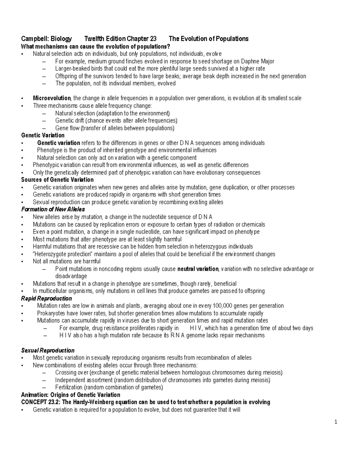 Notes 23 Evolution of Populations Revised - 1 Campbell: Biology Twelfth ...