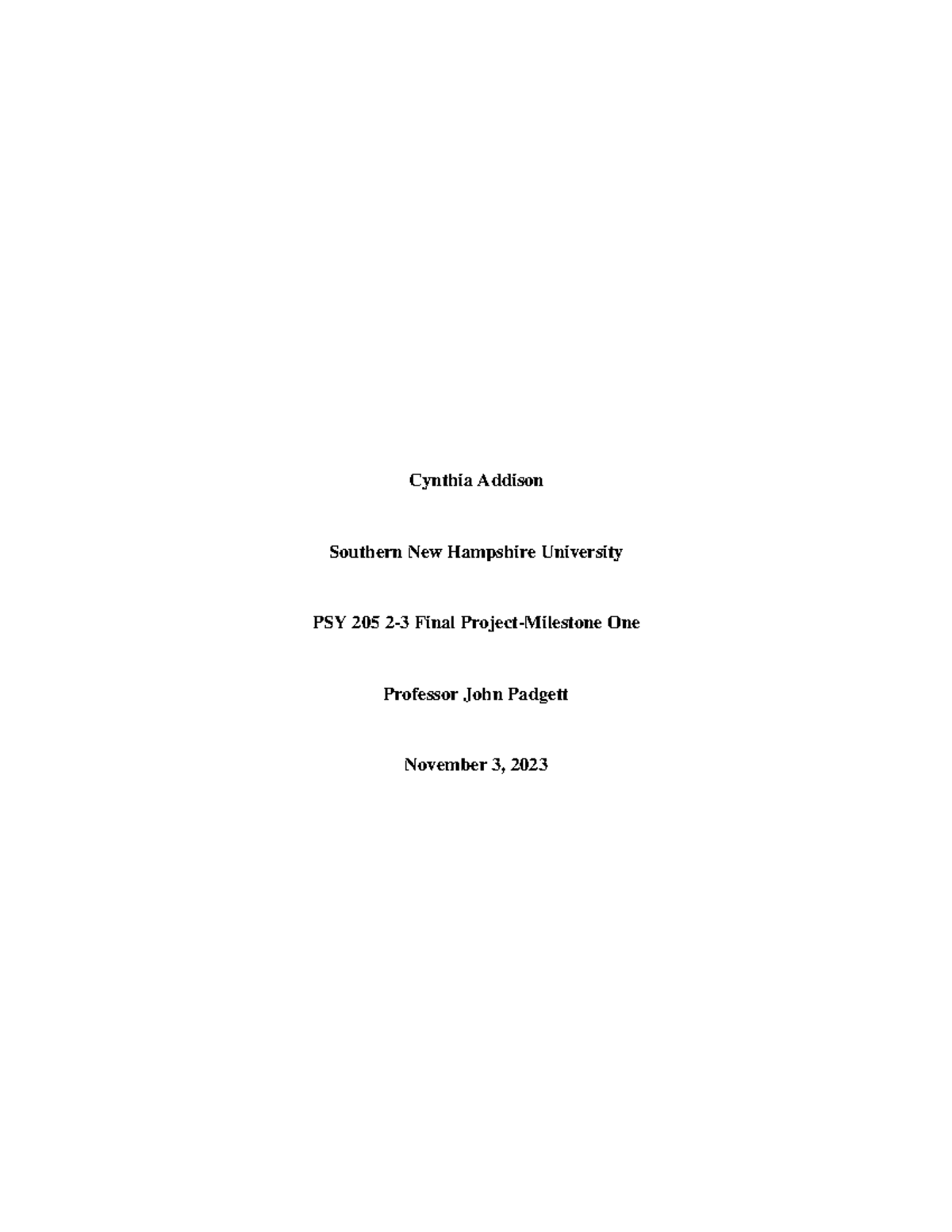 PSY 205 2-3 Final Project - Cynthia Addison Southern New Hampshire ...
