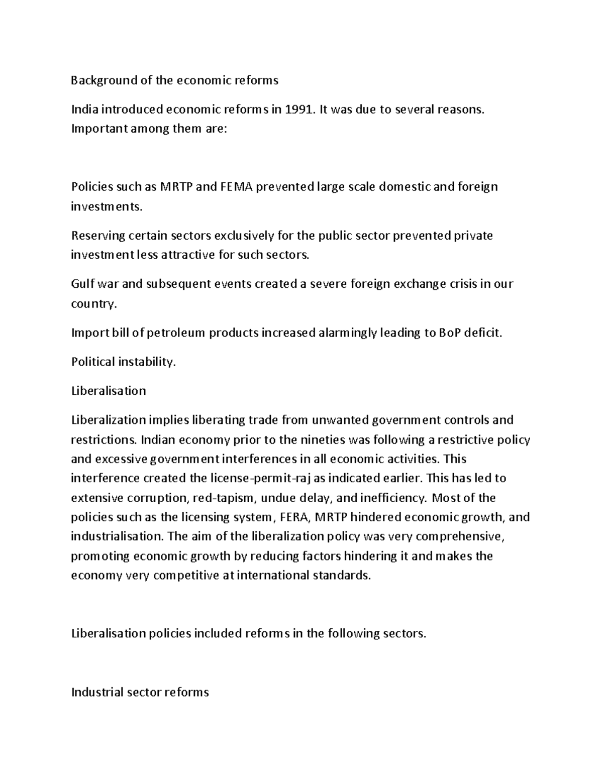 Eco ch - summary - Background of the economic reforms India introduced ...