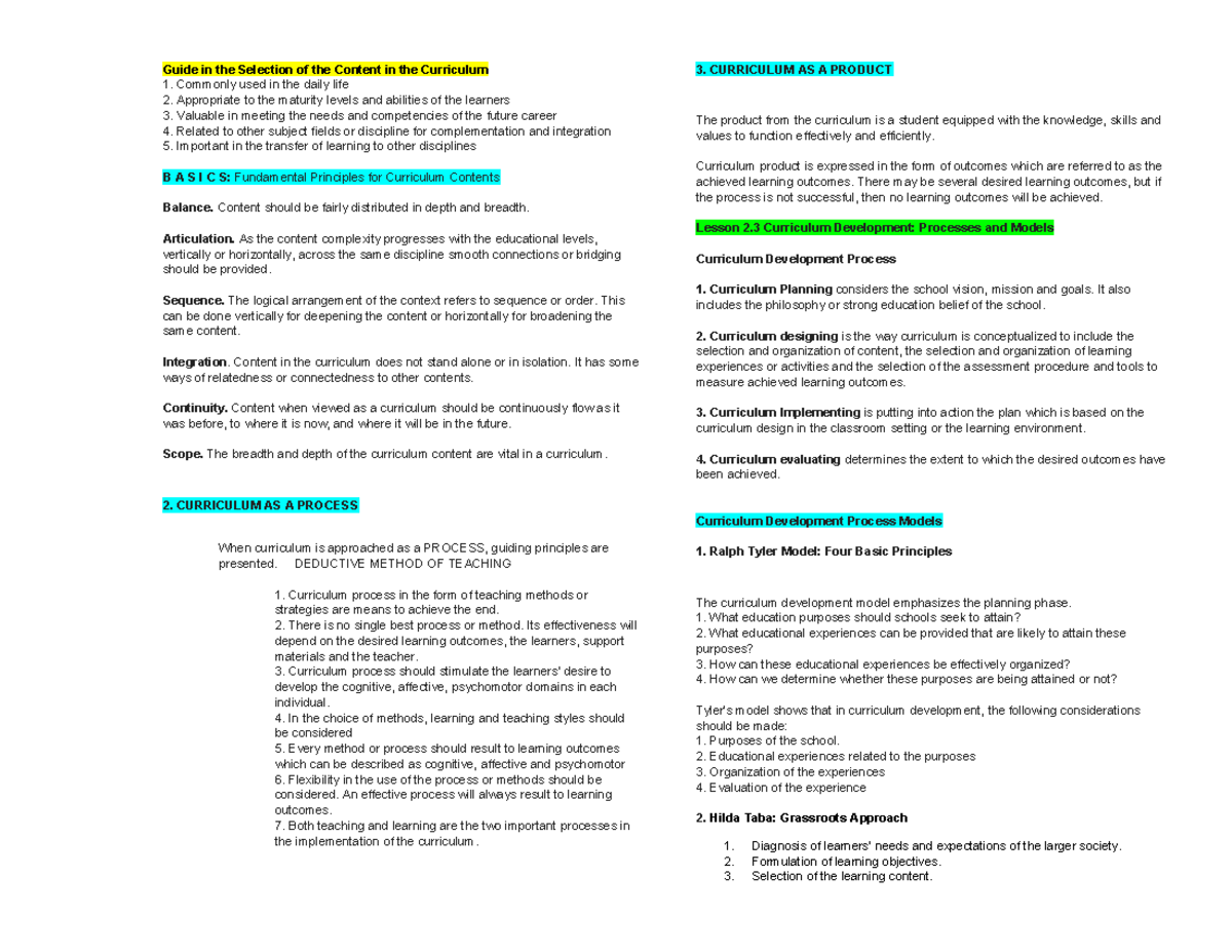 EDUC 9-notes - EDUC 9 - Guide in the Selection of the Content in the ...