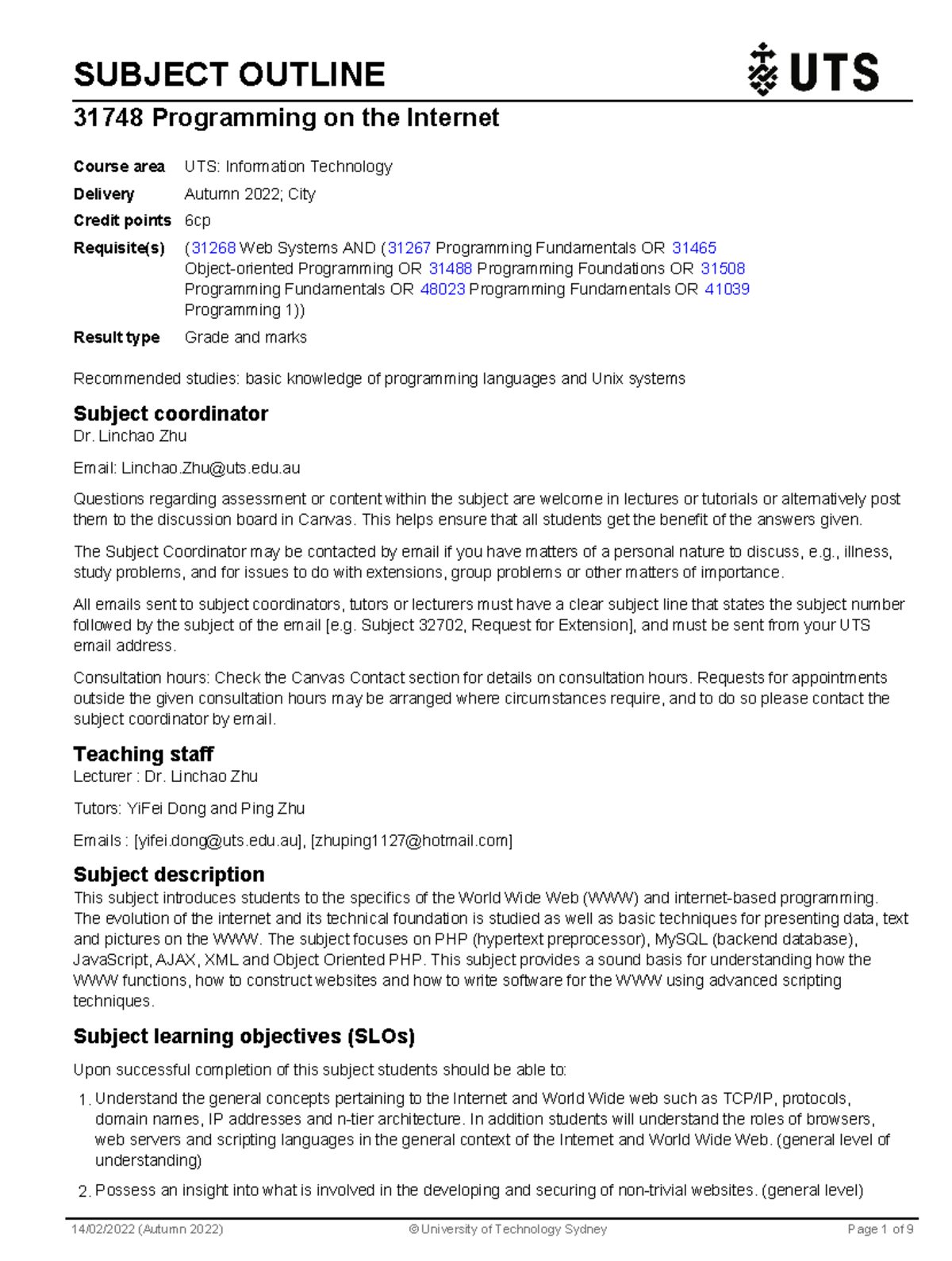 Subject Outline 31748 Programming on the Internet - SUBJECT OUTLINE ...