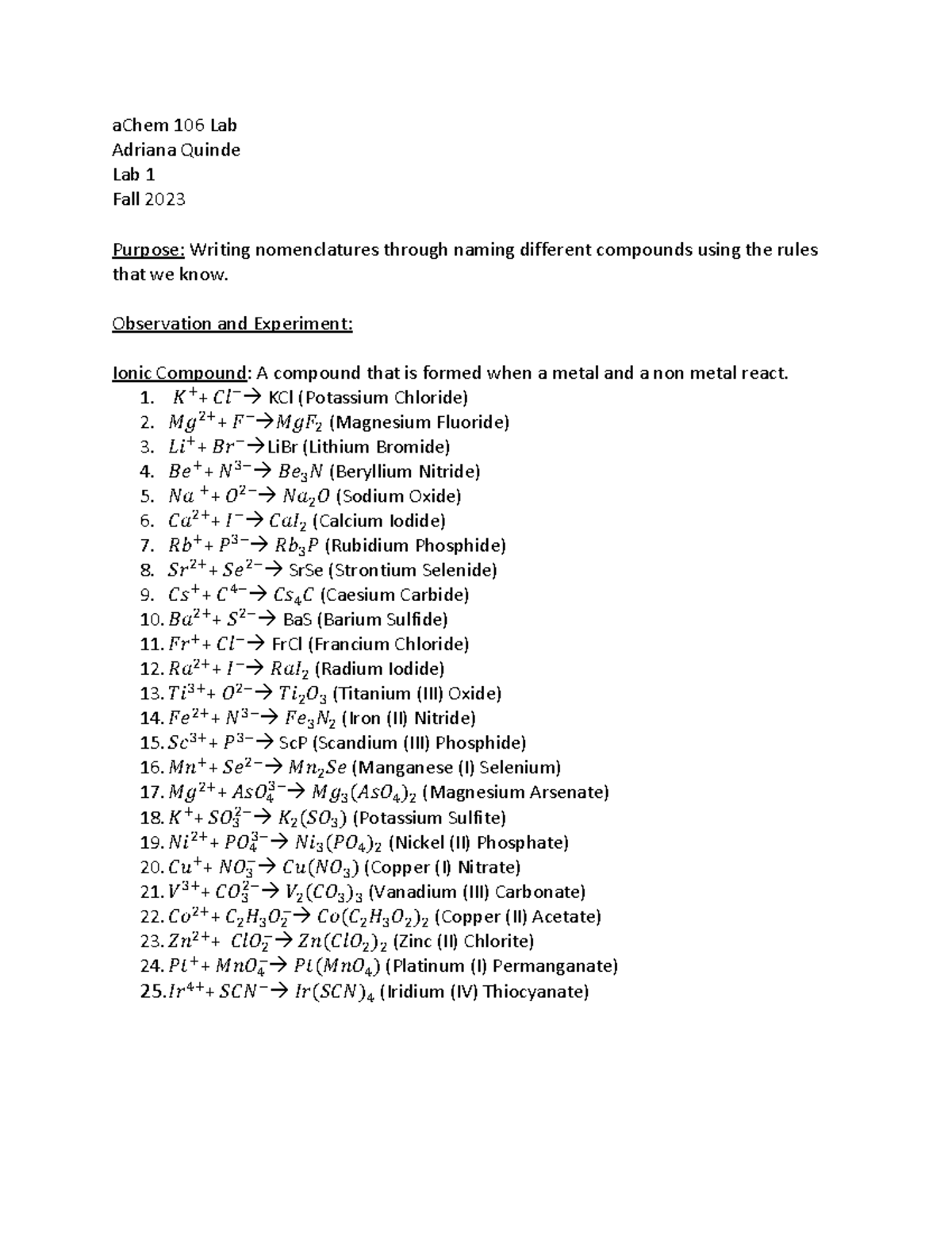 Adriana Lab 1 - lab 1 - aChem 106 Lab Adriana Quinde Lab 1 Fall 2023 ...