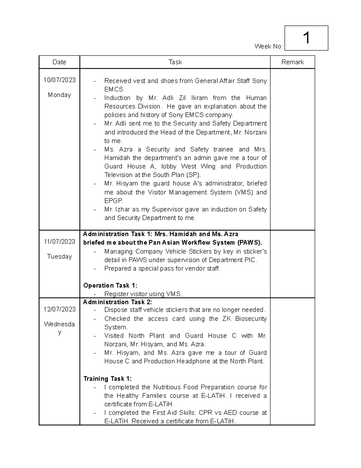 Week 1 ( Fatin AZMI) - example of logbook - Week No: Date Task Remark ...