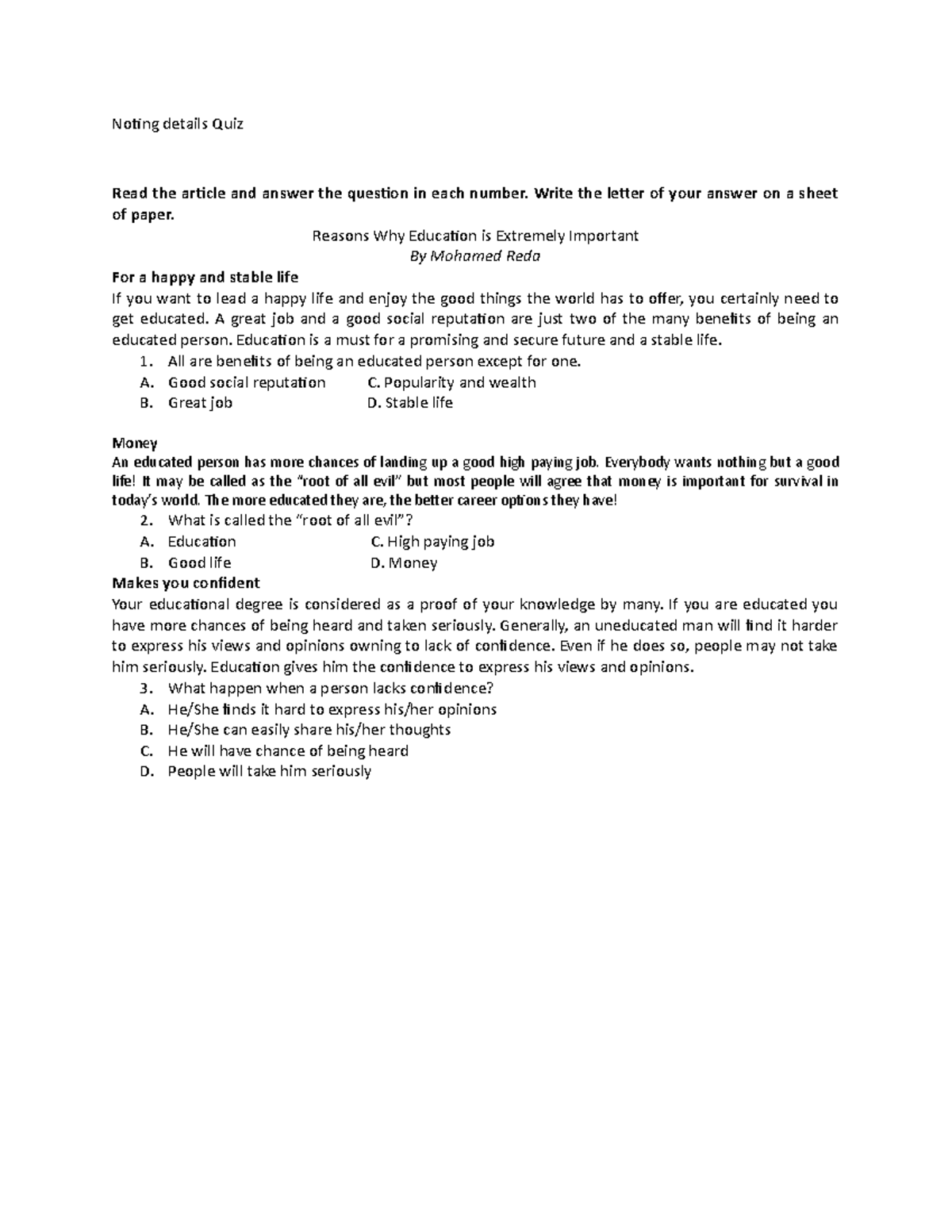 Noting details Quiz - English For Teachers - University of the ...