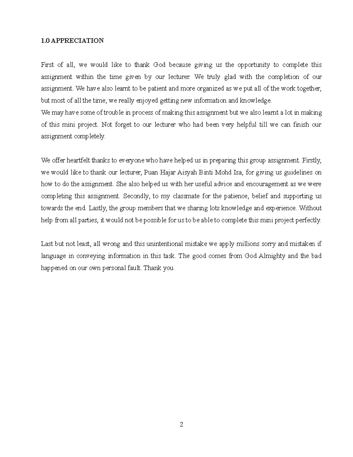 MINI Project-DPL10023 - 1 APPRECIATION First of all, we would like to ...