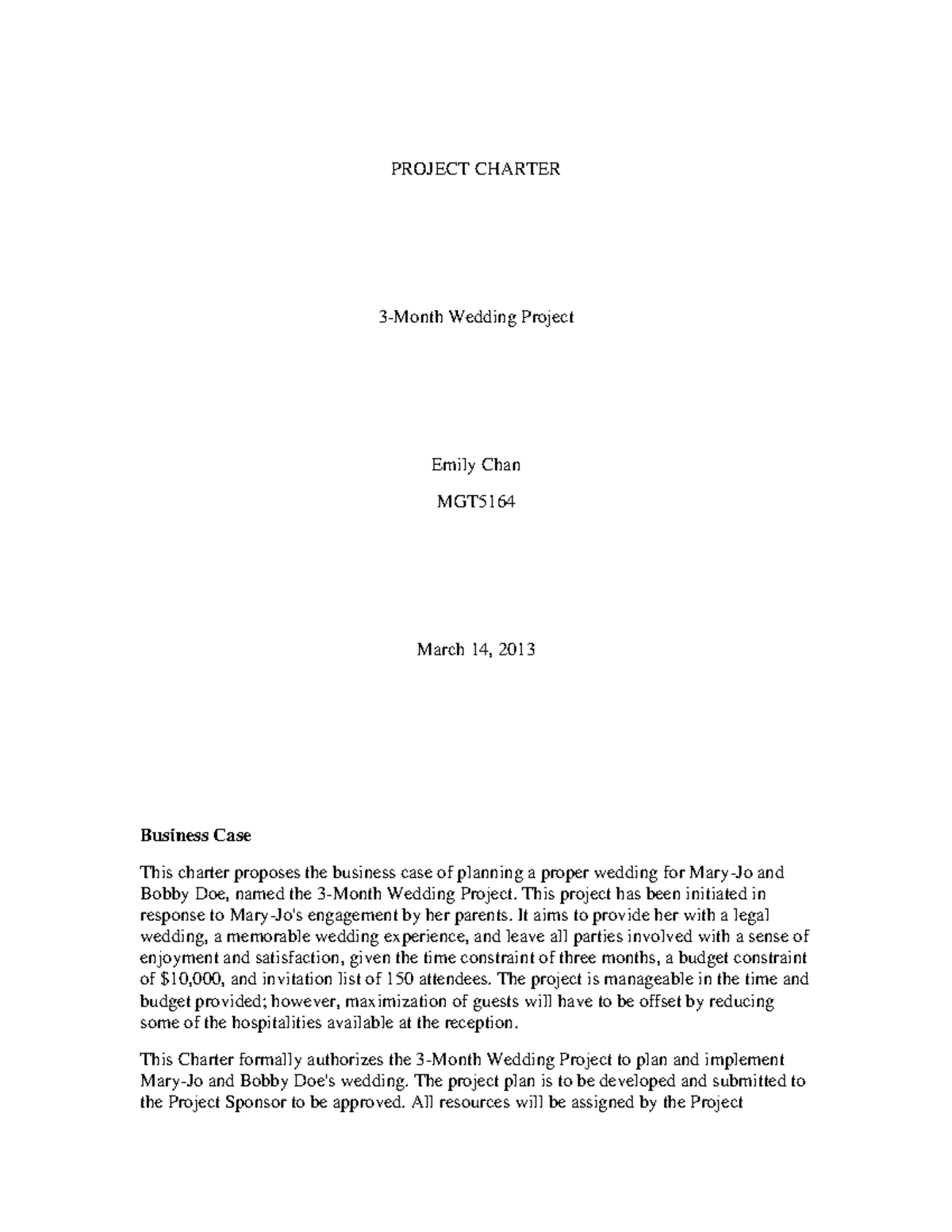 Project Charter 3 Month Wedding Project - PROJECT CHARTER 3 - Month ...