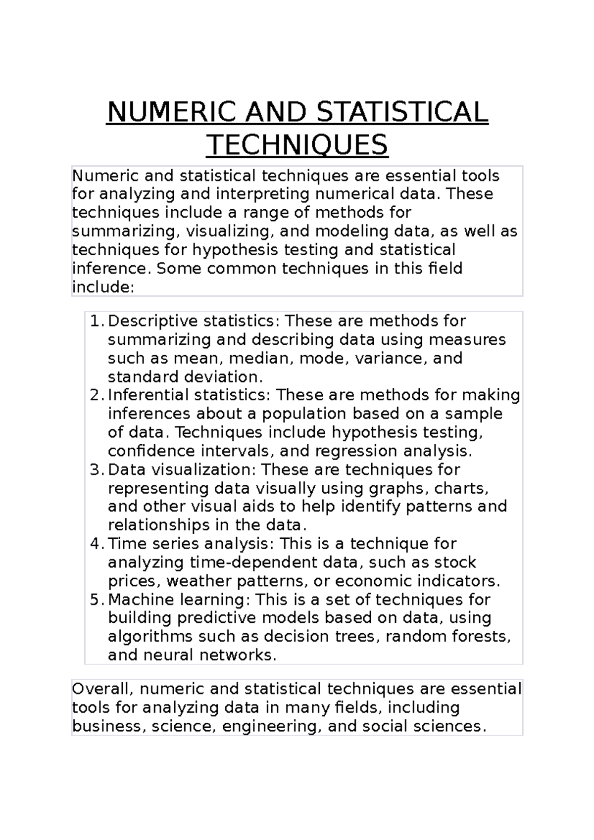 NUMERICAL AND Statistical Techniques NUMERIC AND STATISTICAL