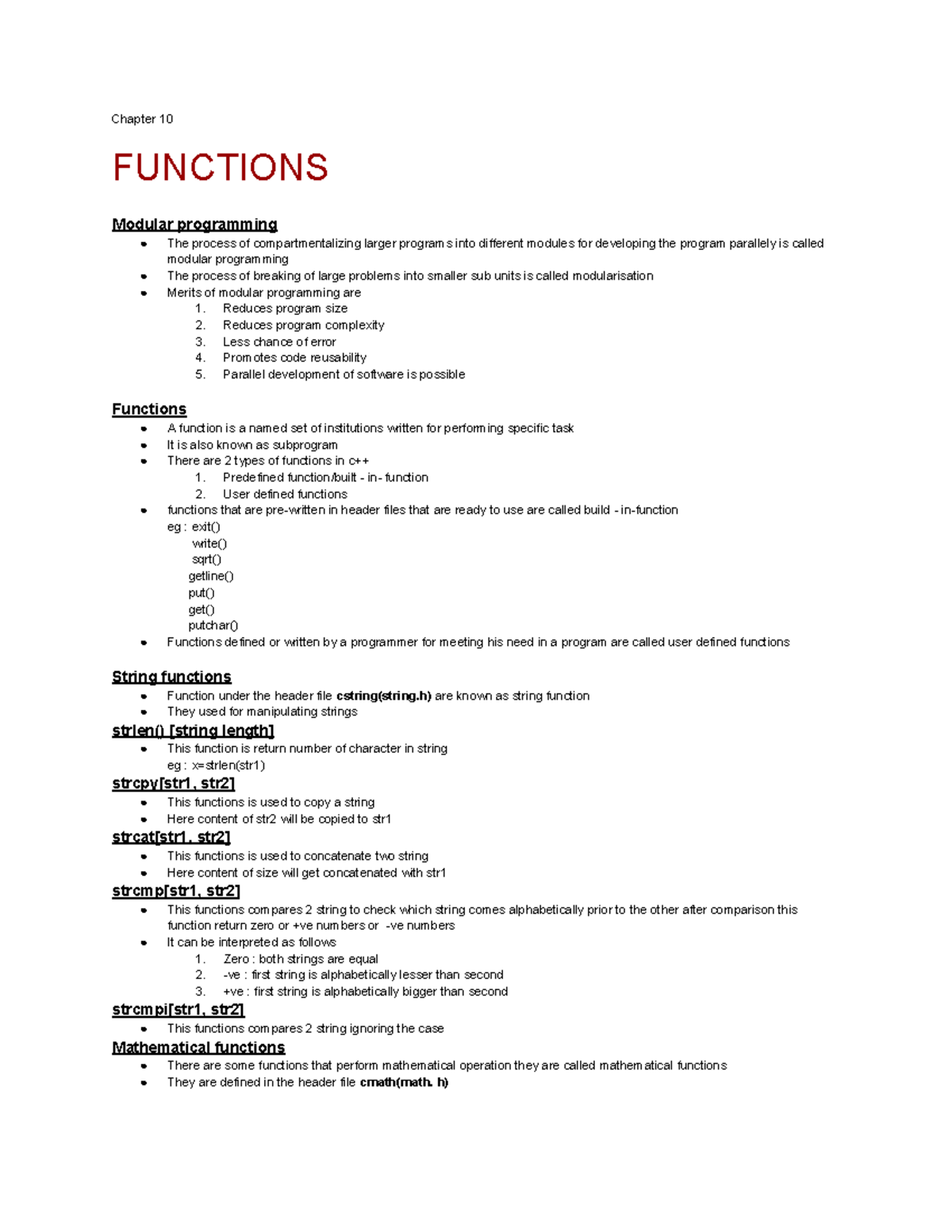 +1 computer science chapter 10 - Chapter 10 FUNCTIONS Modular programming The process of - Studocu