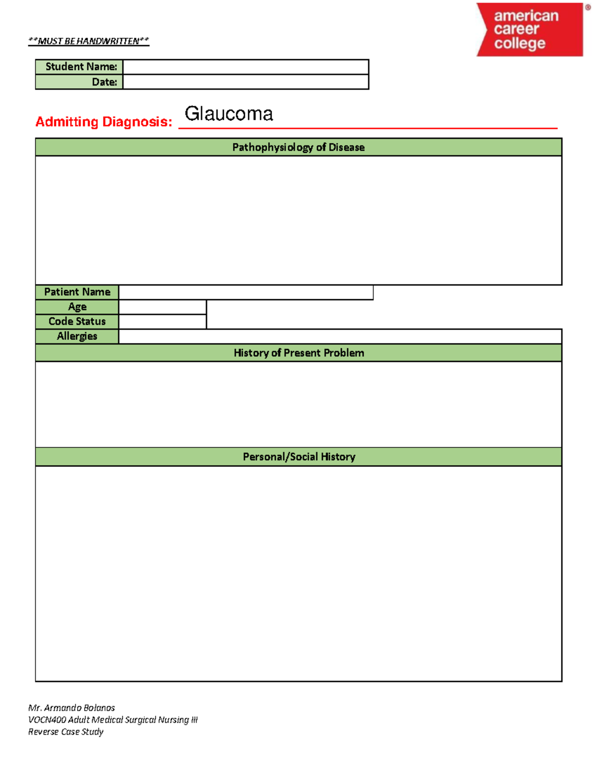 Reverse Case Study - Glaucoma - Mr. Armando Bolanos VOCN400 Adult ...