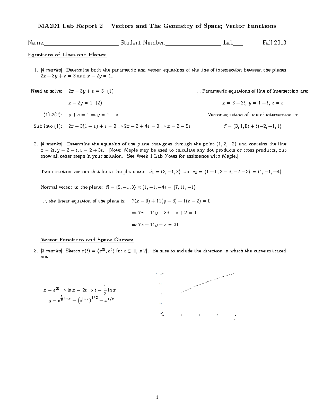 Lab 2 - MA201 LAB FALL 2013 - MA201 Lab Report 2 – Vectors and The Geometry of Space; Vector ...