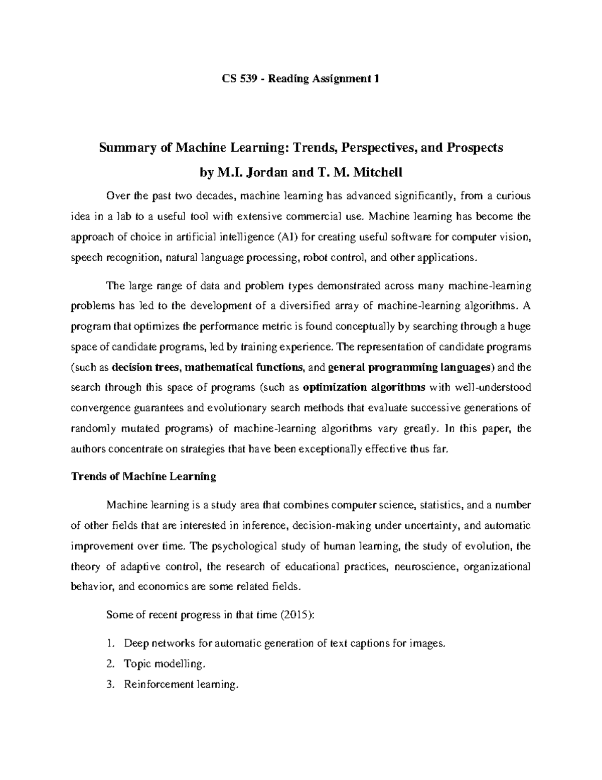 CS 539 Answer of Reading Assignment - CS 539 - Reading Assignment 1 Summary of Machine Learning ...