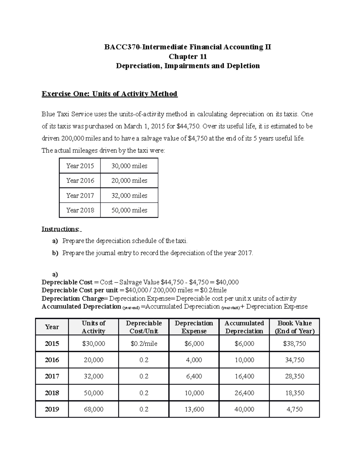 Chapter 11 Depreciation Methods Exercises - BACC370-Intermediate ...