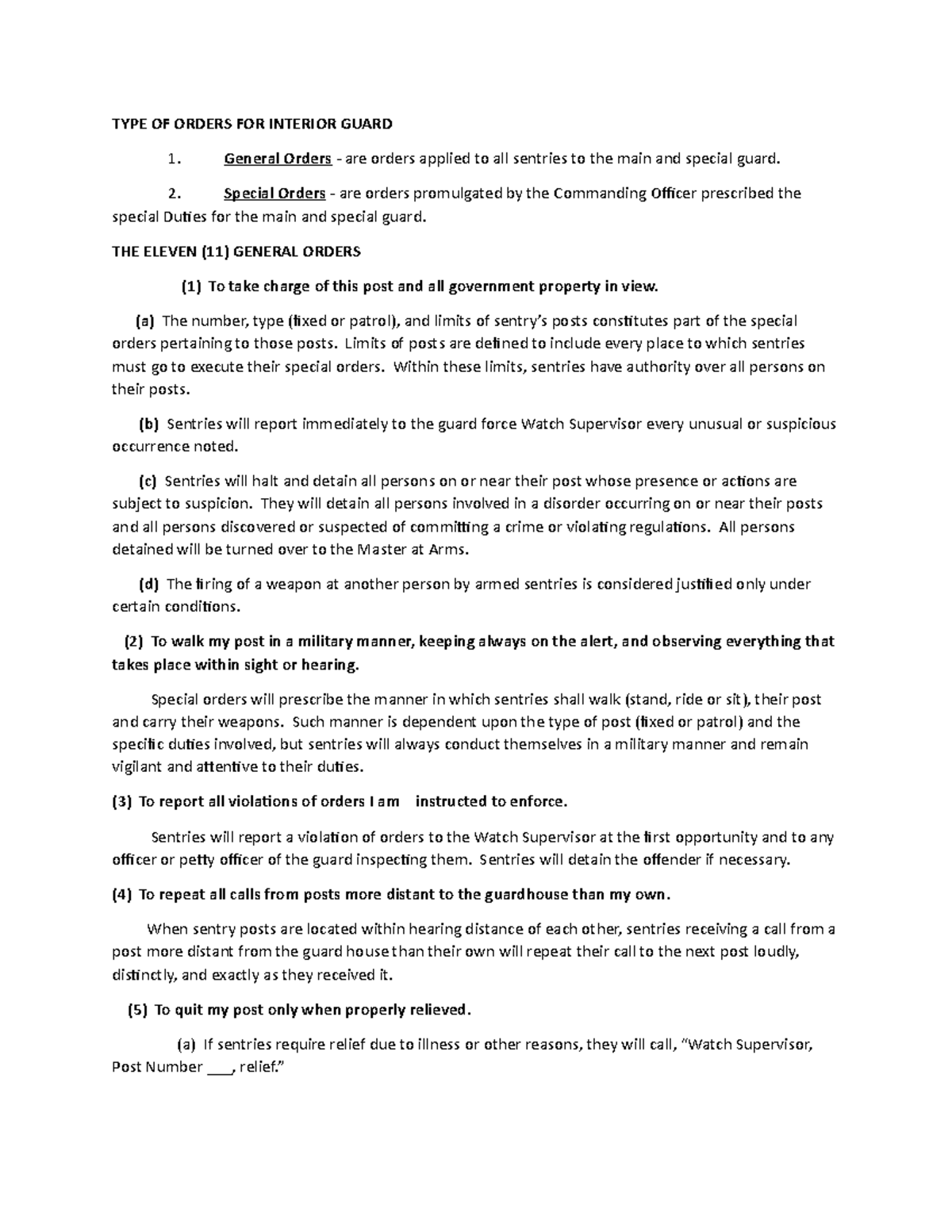TYPE OF Orders FOR Interior Guard - TYPE OF ORDERS FOR INTERIOR GUARD ...