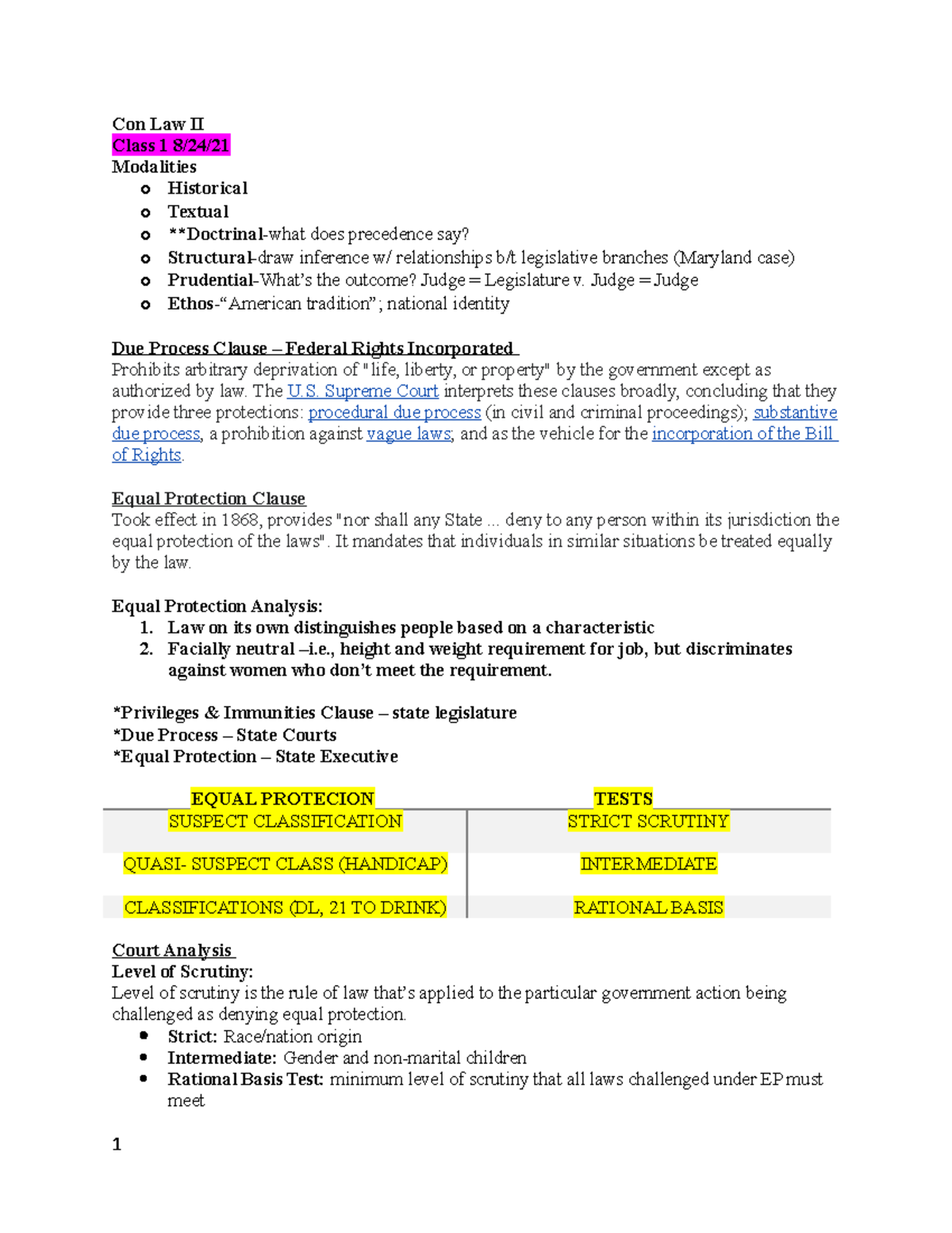 Con Law II Class Notes - Con Law II Class 1 8/24/ Modalities o ...