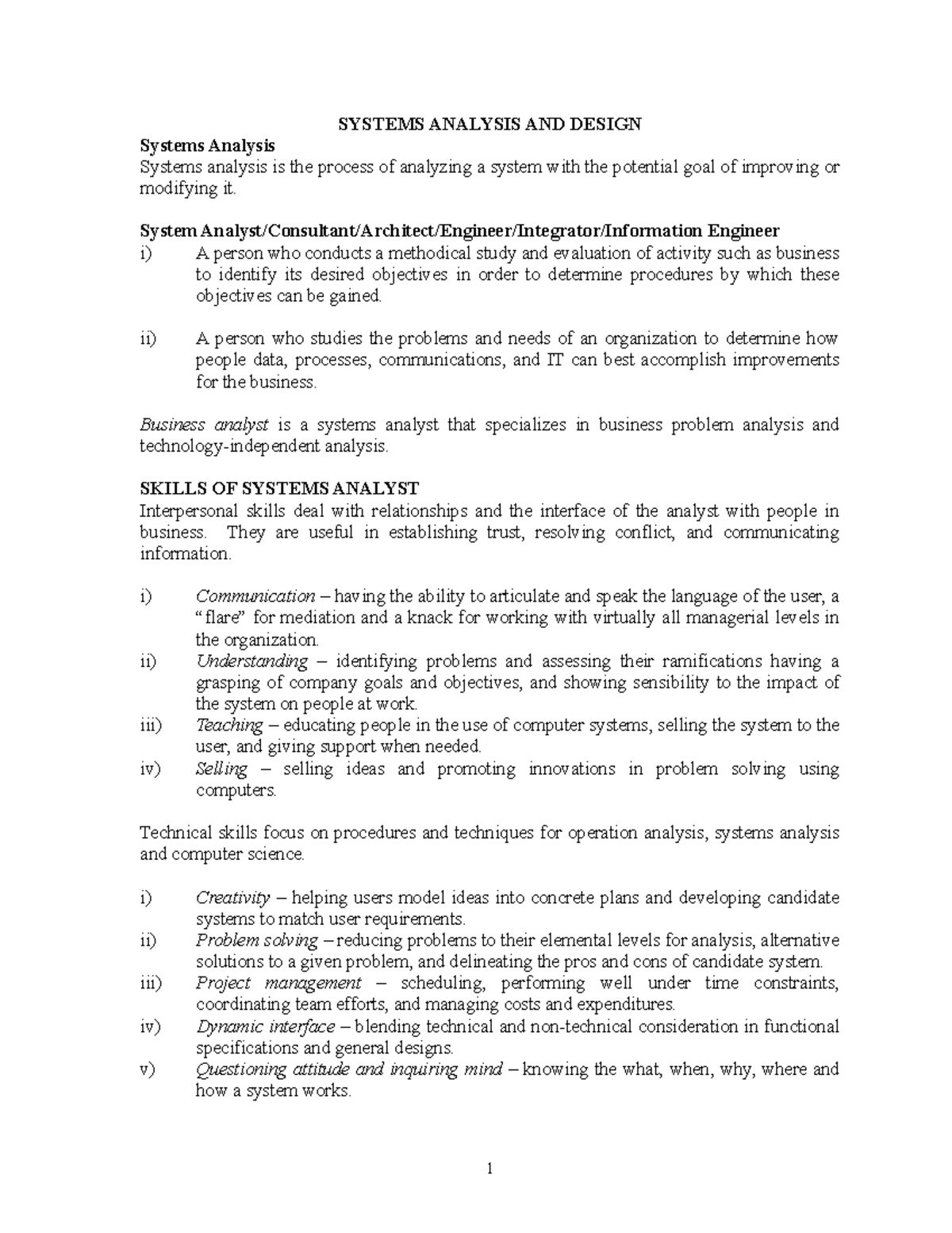 Systems analyst skills - SYSTEMS ANALYSIS AND DESIGN Systems Analysis ...