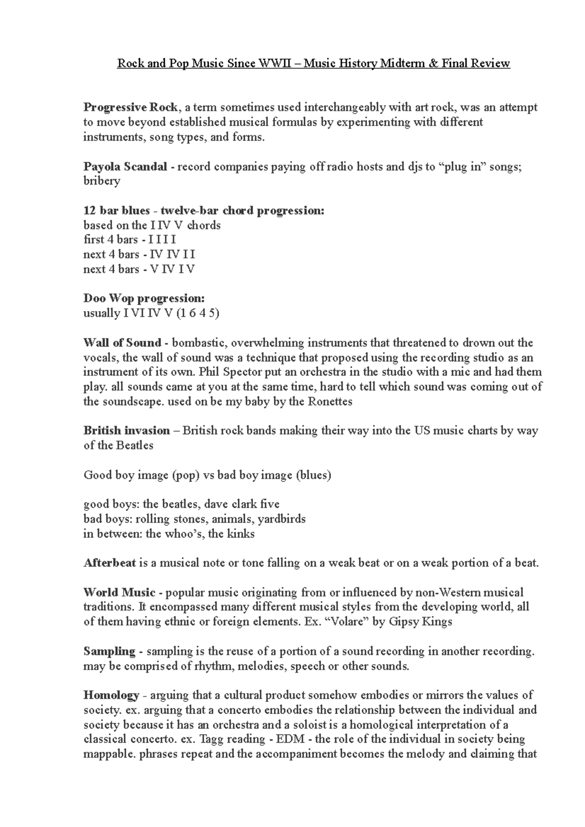 Rock and Pop Music Since WWII – Class Notes + Midterm and Final Study ...