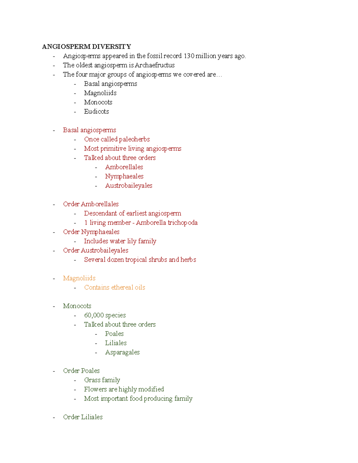 Botany 200 Final Exam Study Guide - ANGIOSPERM DIVERSITY Angiosperms ...