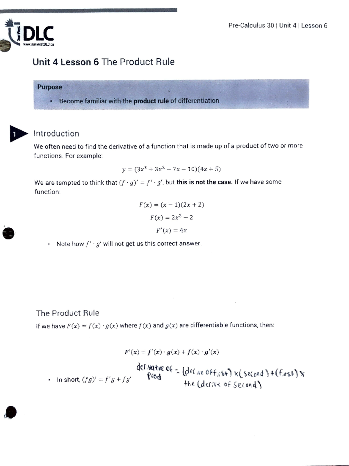 Calculus 30 product rule - Pre-Calculus 30 I Unit 4 I Lesson 6 Unit 4 ...