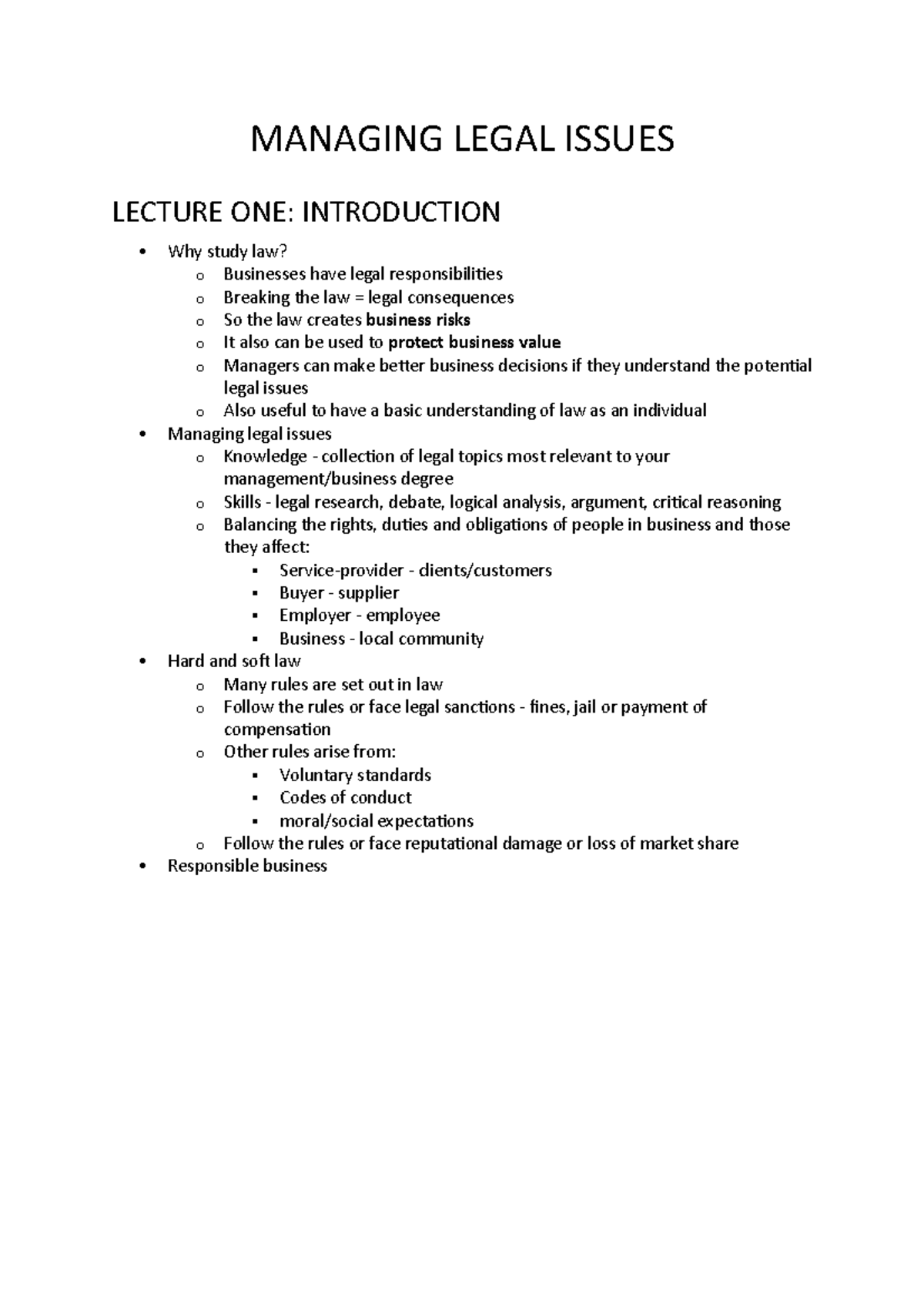 MLI lecture one - MANAGING LEGAL ISSUES LECTURE ONE: INTRODUCTION Why ...