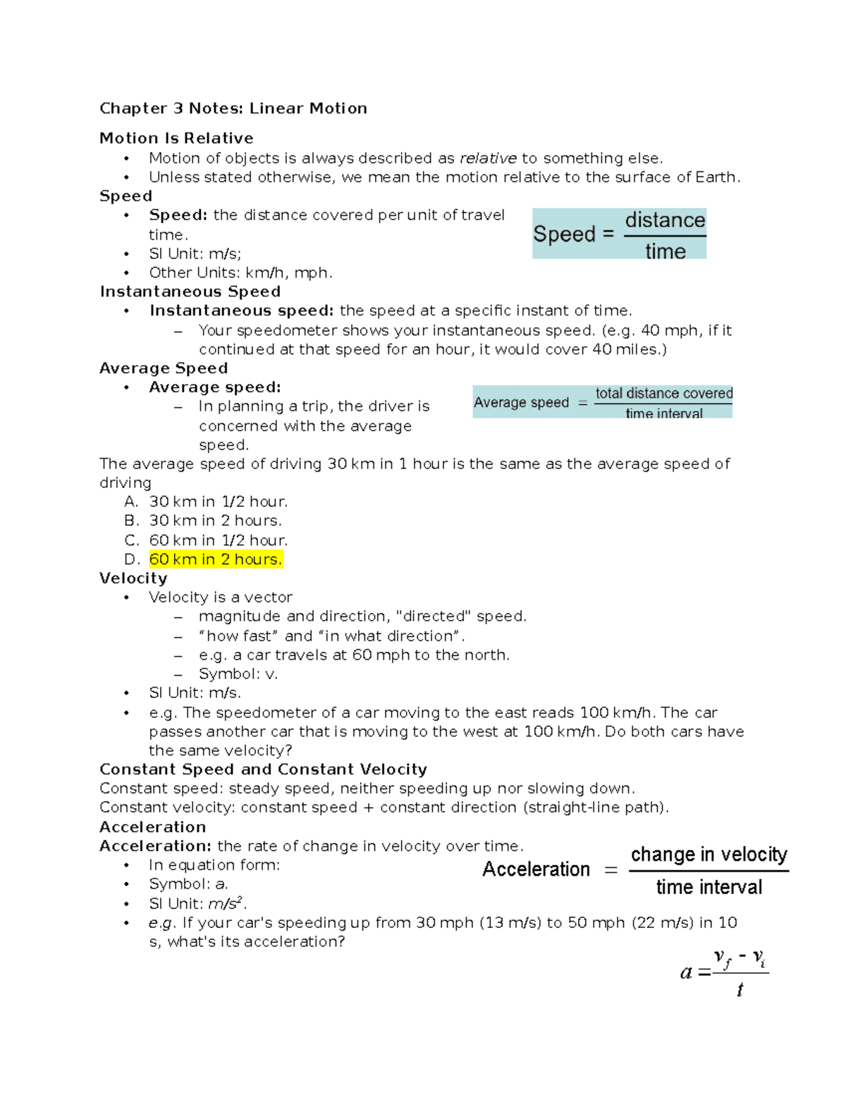 Physics Chapter 3 Notes - Chapter 3 Notes: Linear Motion Motion Is ...