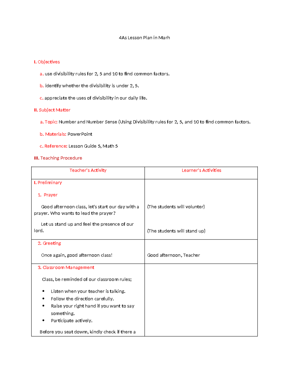 4As Lesson Plan-WPS Office - 4As Lesson Plan in Marh I. Objectives a ...