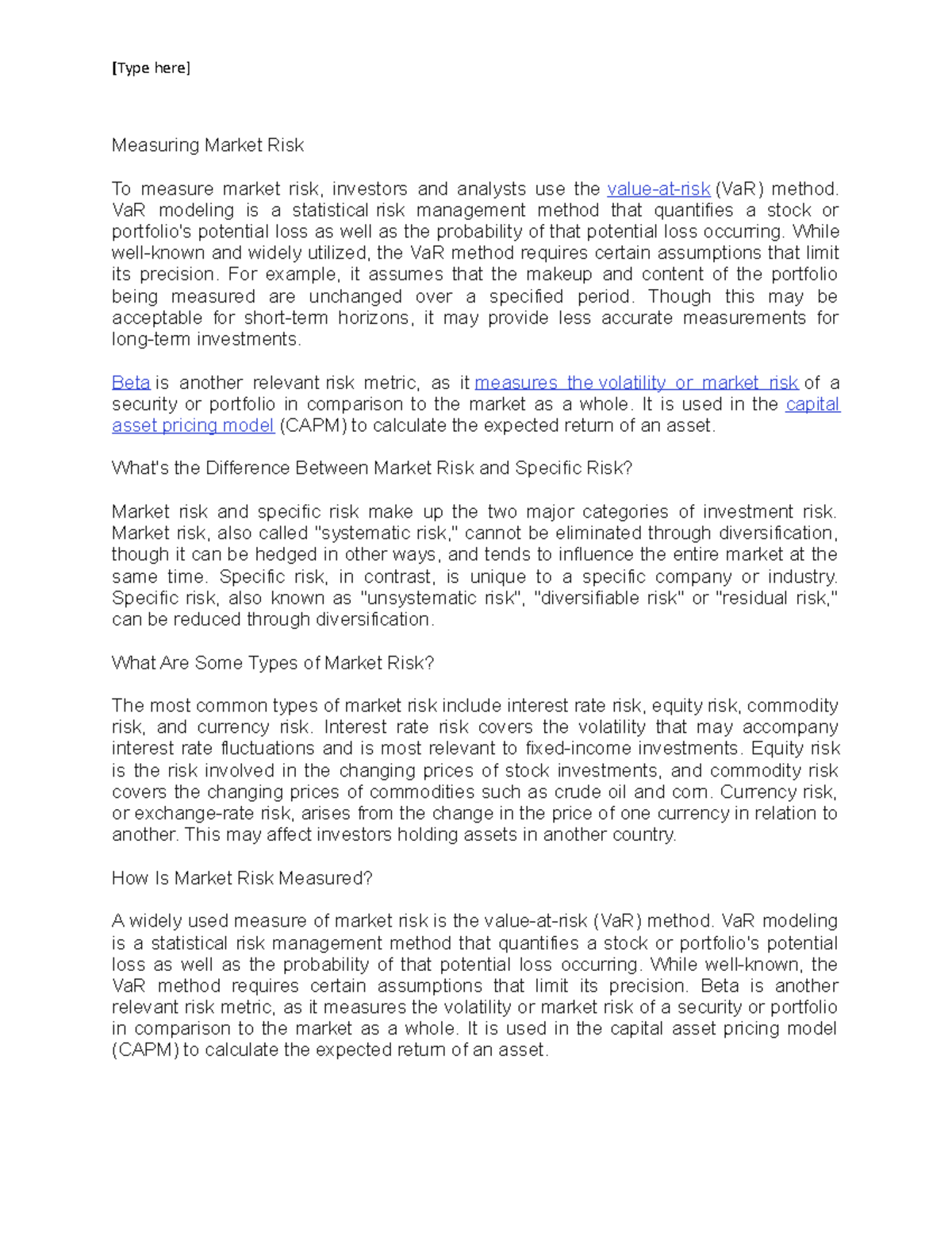 Lecture note about Measuring Market Risk - [Type here] Measuring Market ...