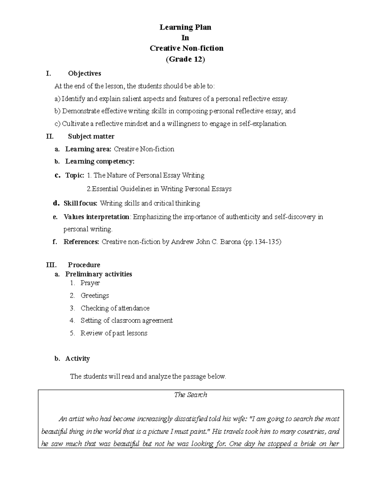 714057557 Learning Plan Lesson 7 Creative non fiction - Learning Plan ...