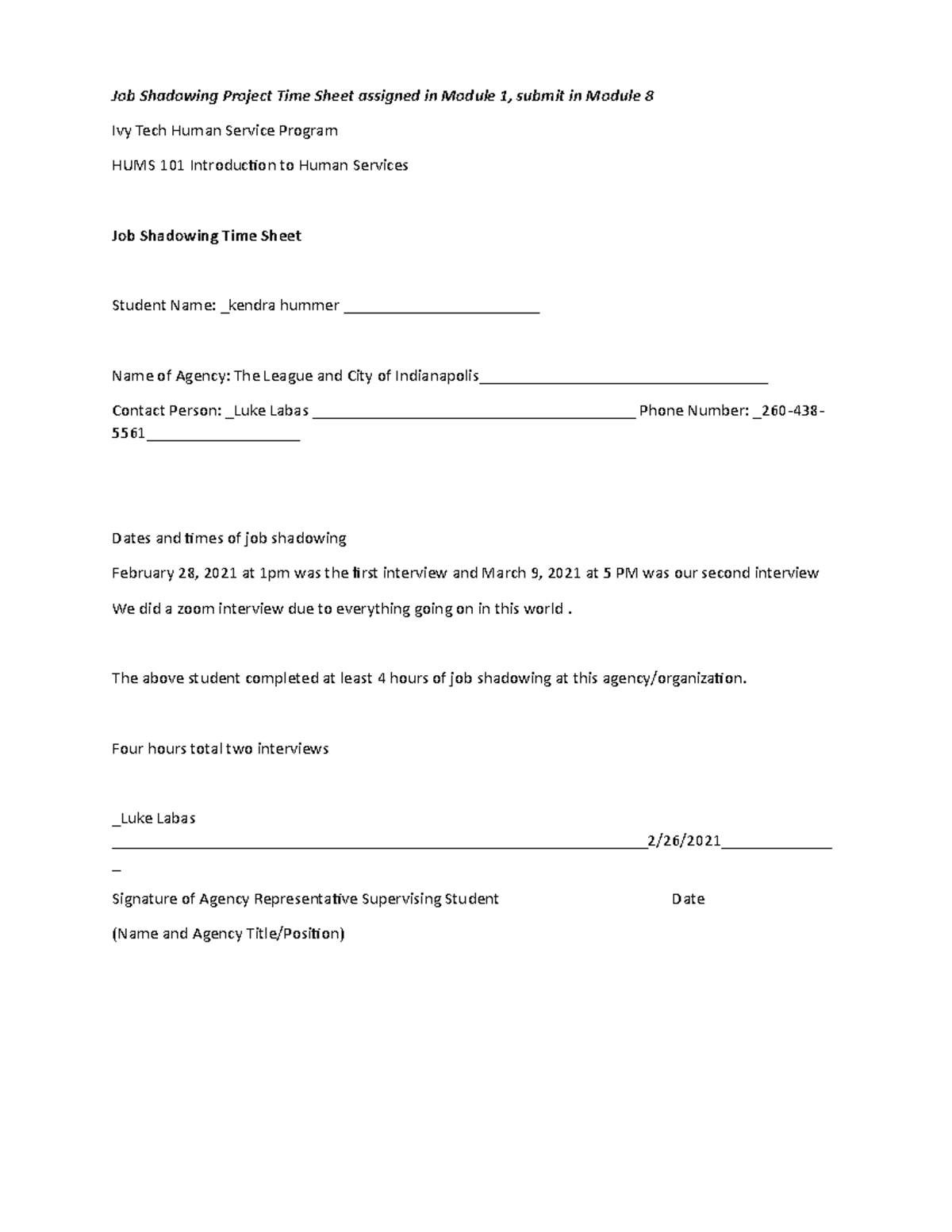 Job Shadowing Project Time Sheet for final - Job Shadowing Project Time ...