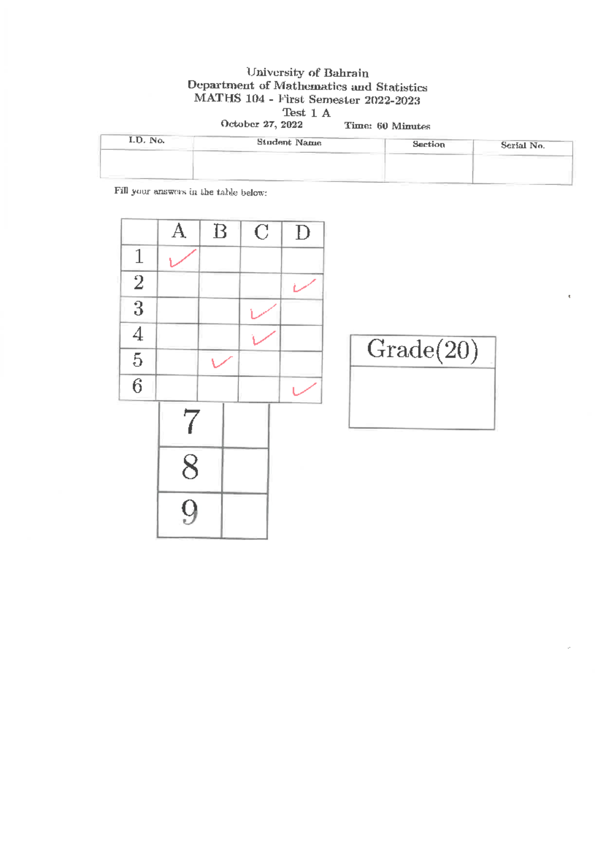 Maths 104-Test1-A-Key-I-22-23 - Mathematics - Studocu