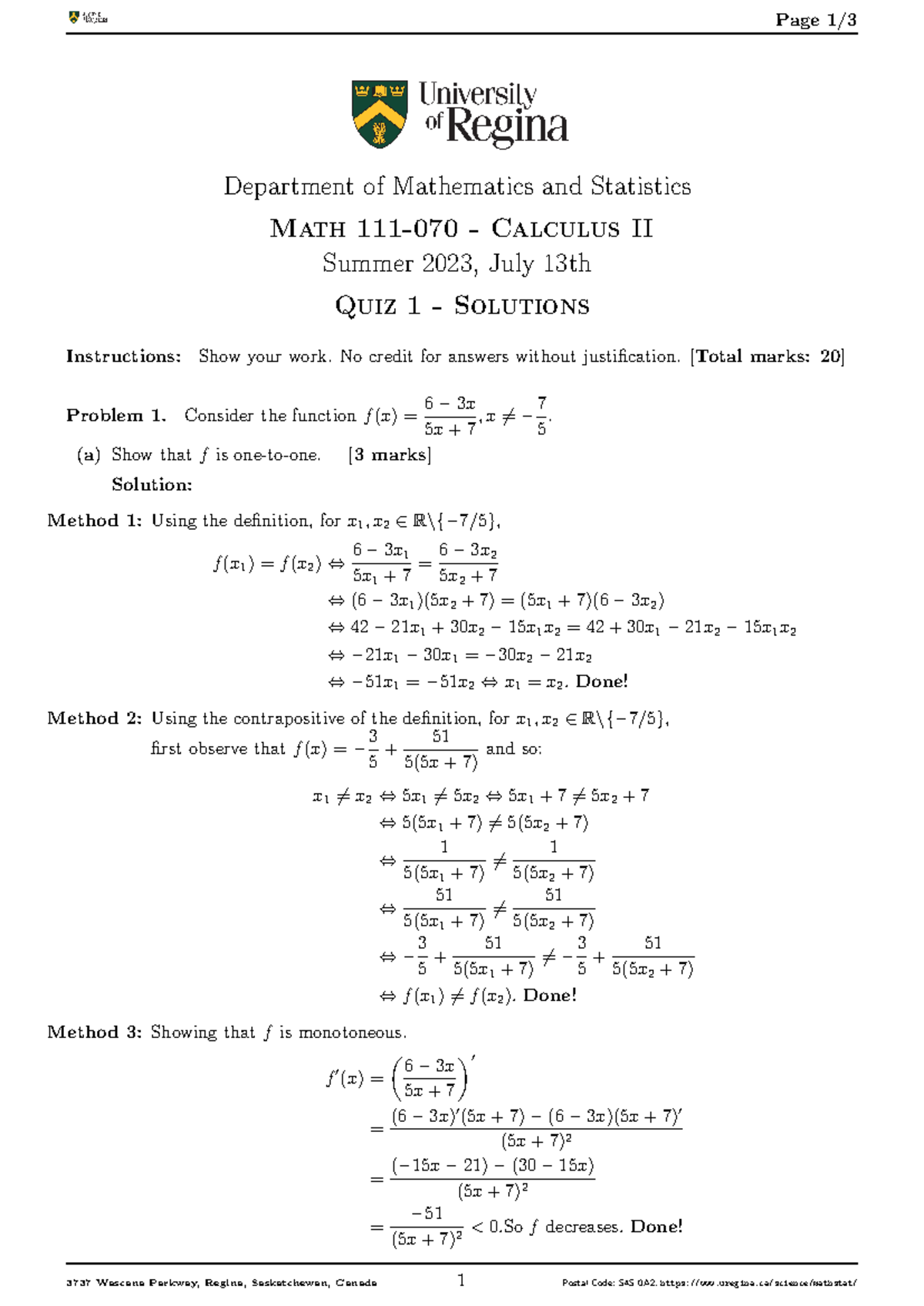 Math111-SS2023-Quiz 1 - Sol - Page 1/ Department of Mathematics and ...