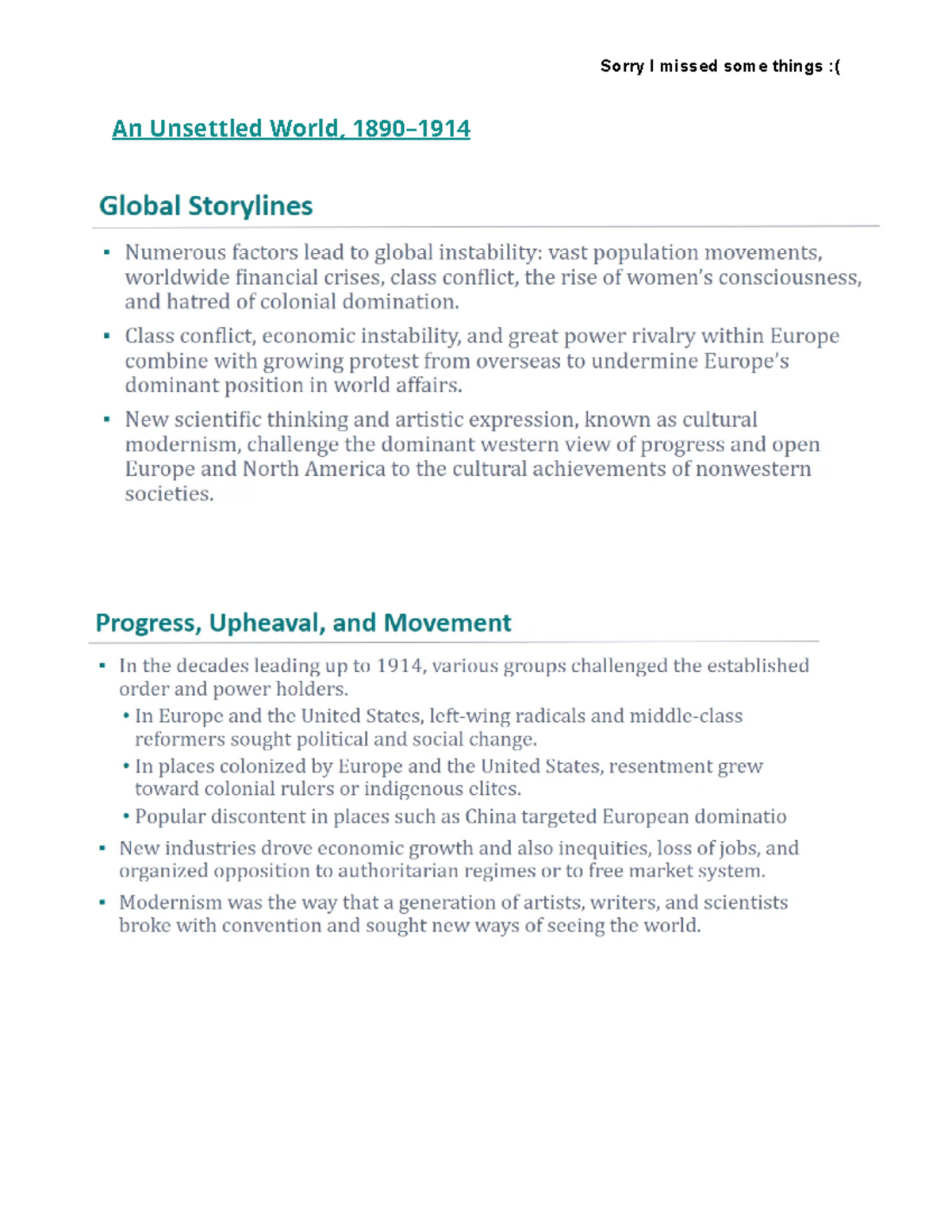 An Unsettled World, 1890–1914 (Lecture 1) - Sorry I missed some things ...