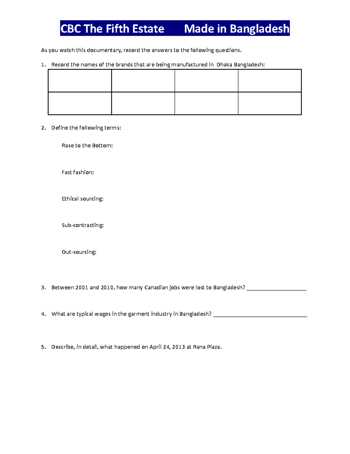 The Fifth Estate Worksheet - CBC The Fifth Estate Made in Bangladesh As ...