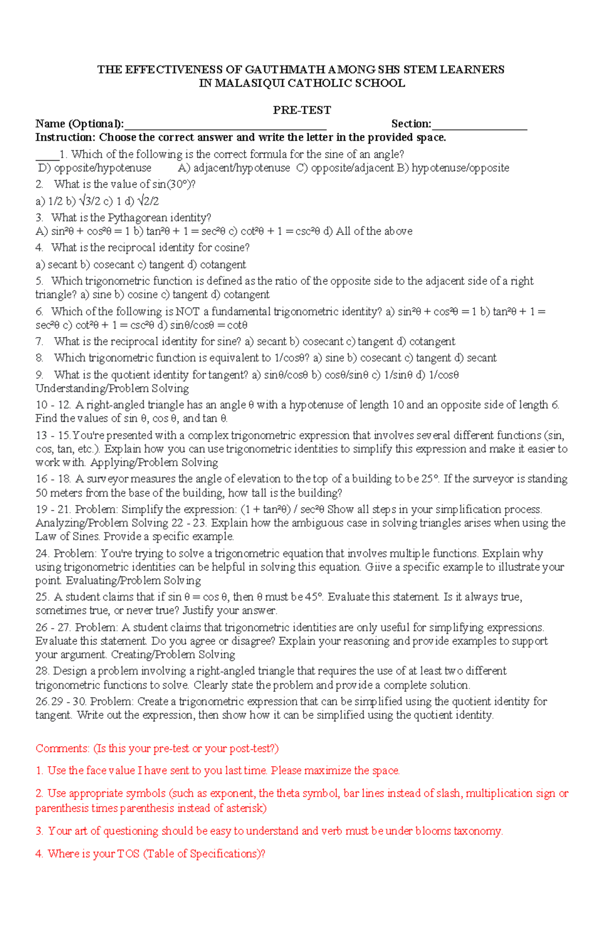 PRE-TEST IN PR2 - mkmkmk - THE EFFECTIVENESS OF GAUTHMATH AMONG SHS ...