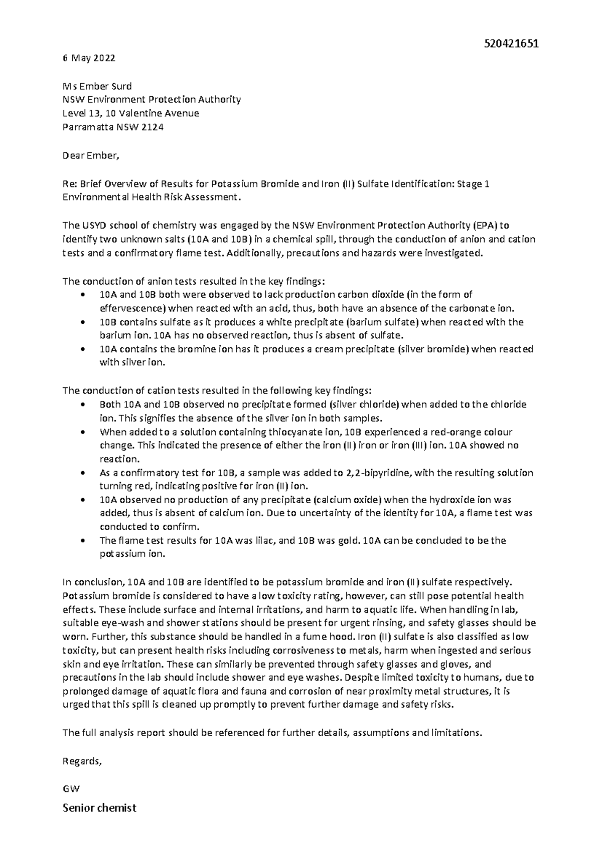 Letter to the EPA - 19.5/20 - 520421651 Senior chemist 6 May 2022 Ms ...