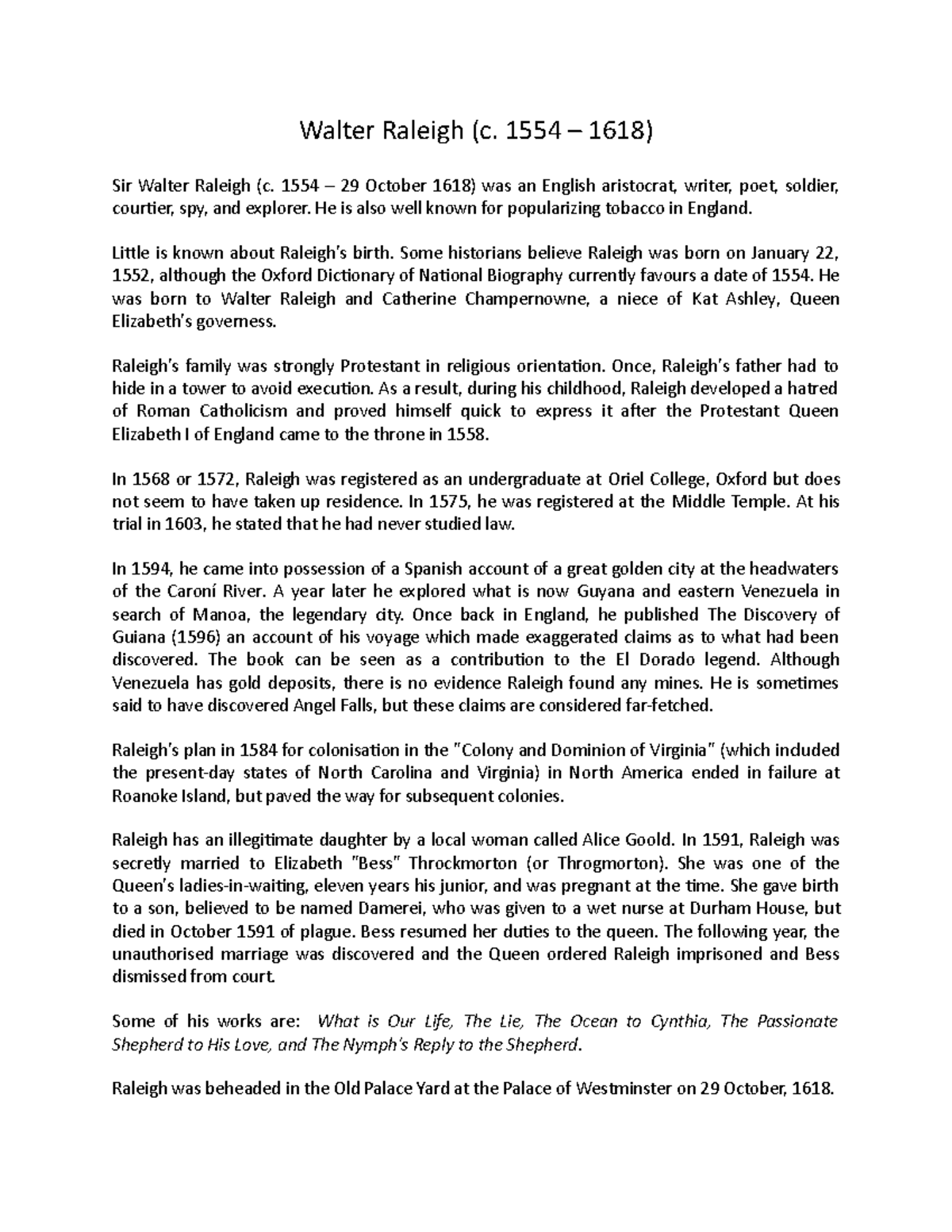 Walter Raleigh - Summary - Walter Raleigh (c. 1554 – 1618) Sir Walter ...
