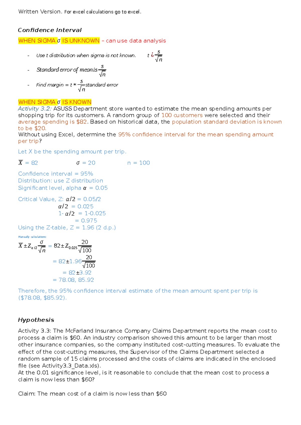 Written examples for confidence interval & hypo - Written Version. For ...