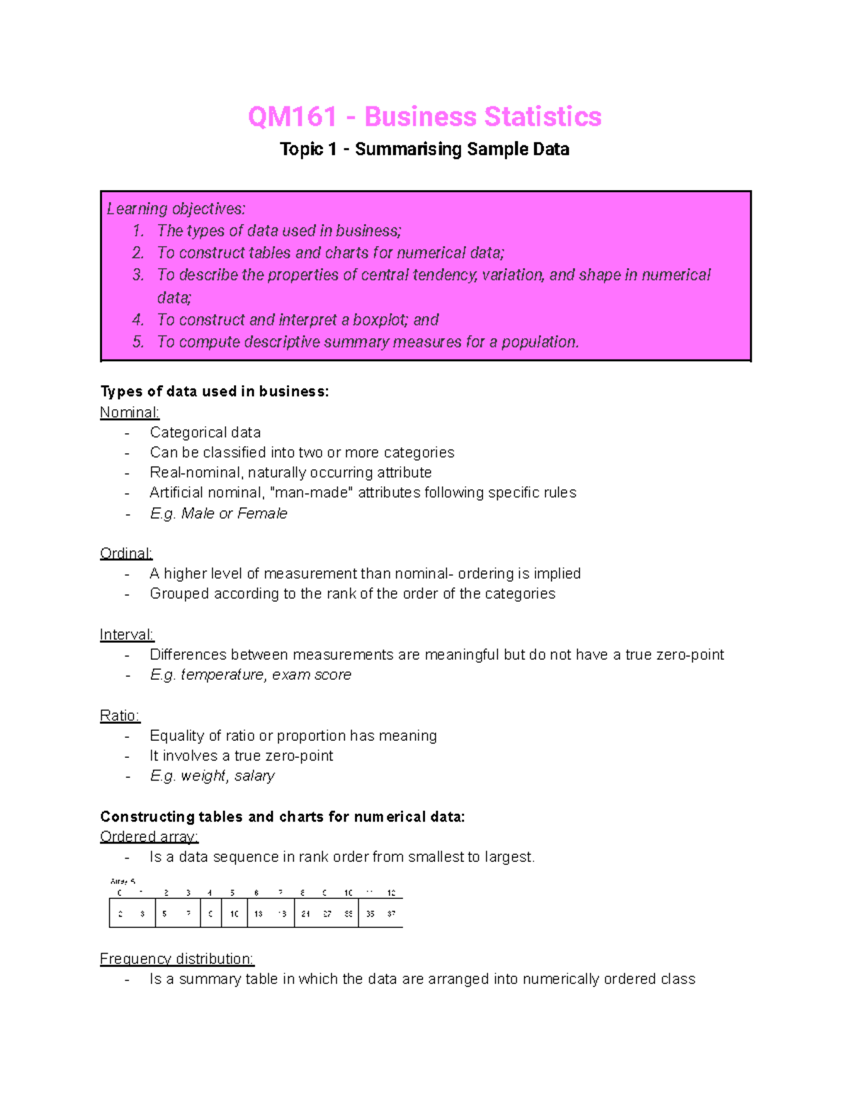 Qm161 Business Statistics Qm161 Business Statistics Topic 1 Summarising Sample Data
