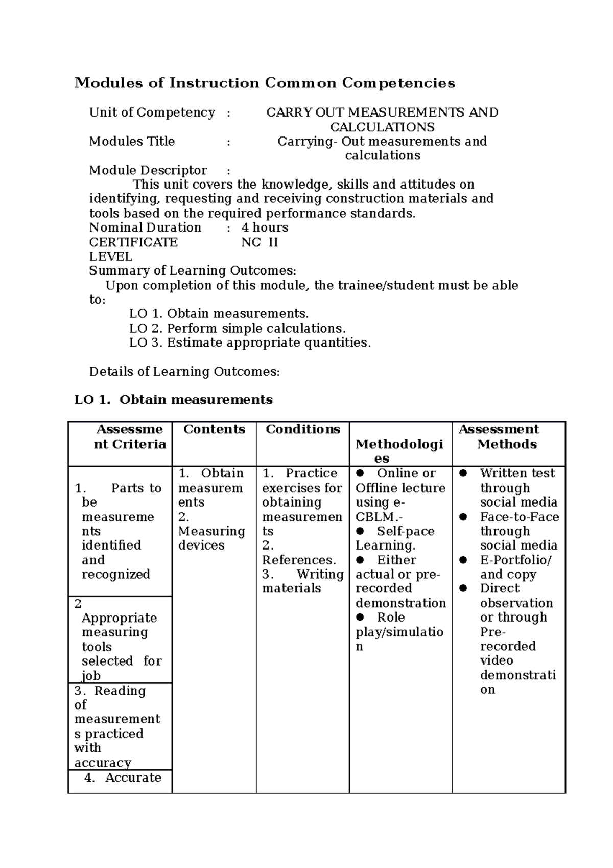 Common Competency Dressmaking - Modules of Instruction Common Competencies Unit of Competency ...