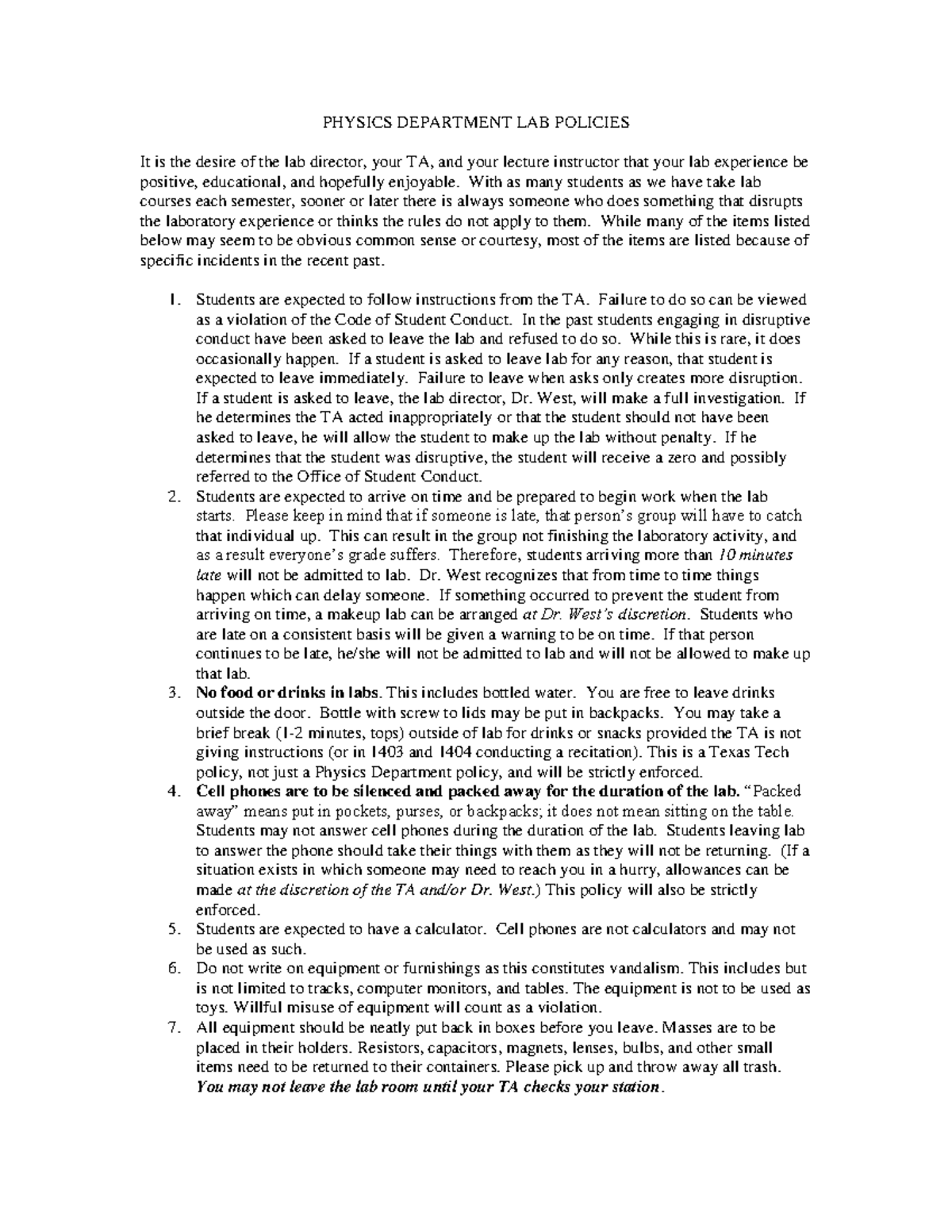 Rules FOR Physics LABS - Revised Fall 15 - PHYSICS DEPARTMENT LAB ...