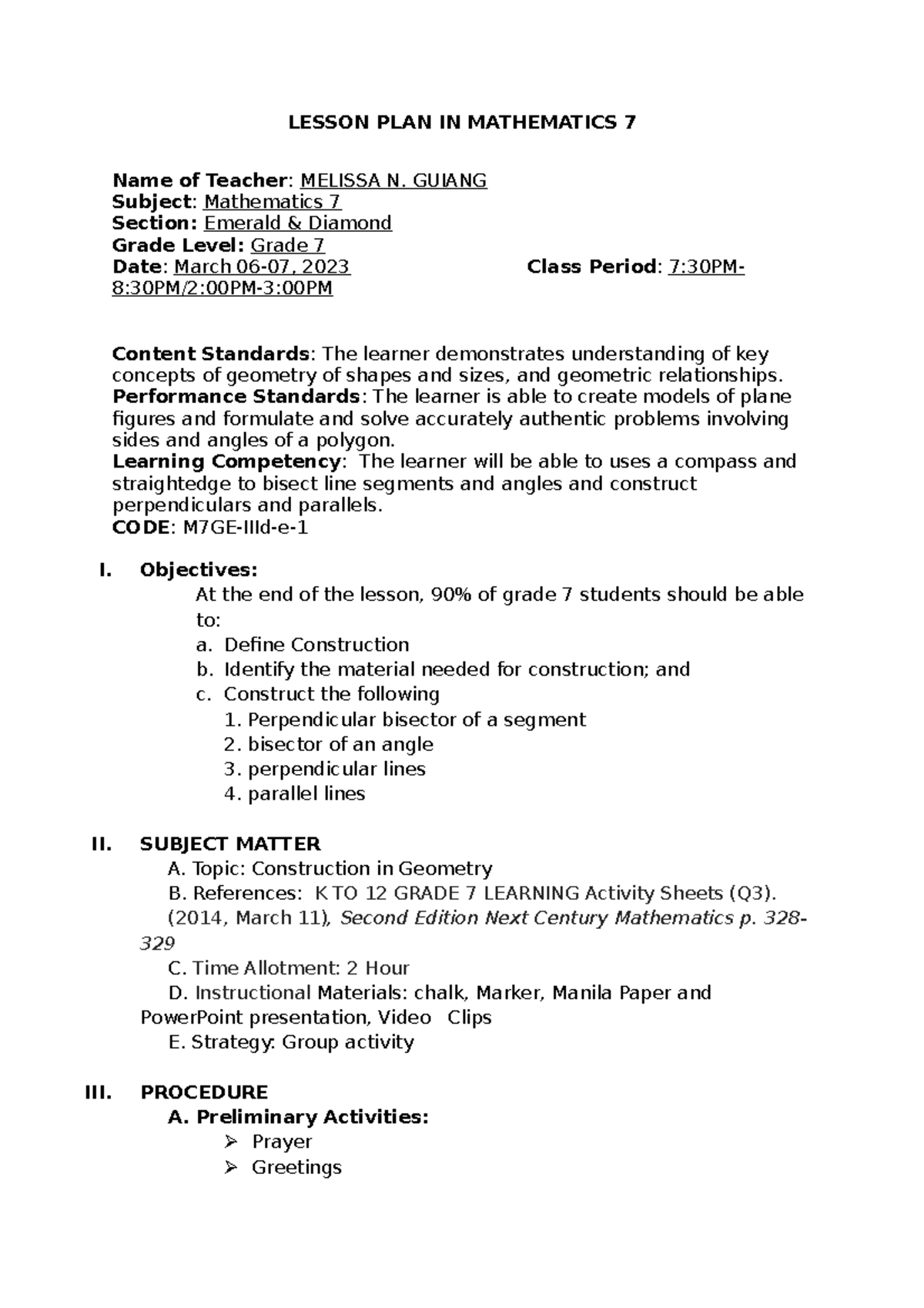 Construction-in-geometry - LESSON PLAN IN MATHEMATICS 7 Name of Teacher ...