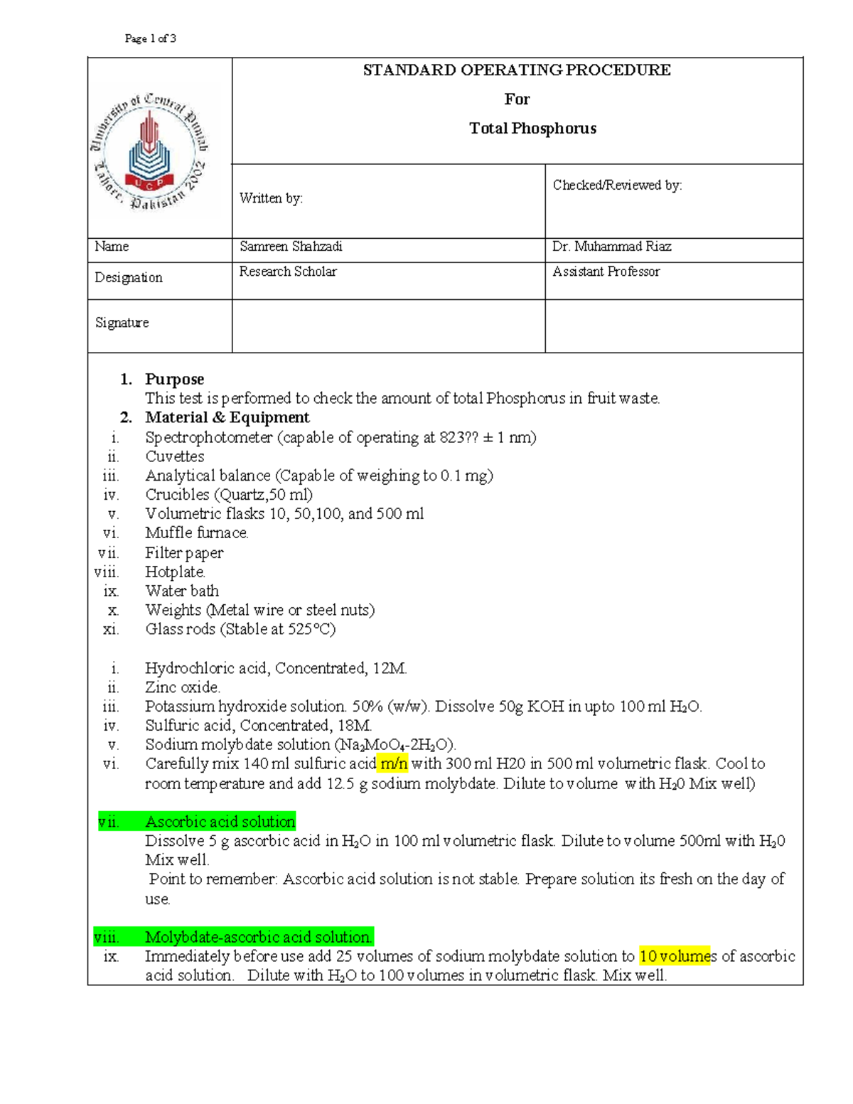 SOP for total phosphorus analysis 2 - Page 1 of 3 STANDARD OPERATING PROCEDURE For Total ...